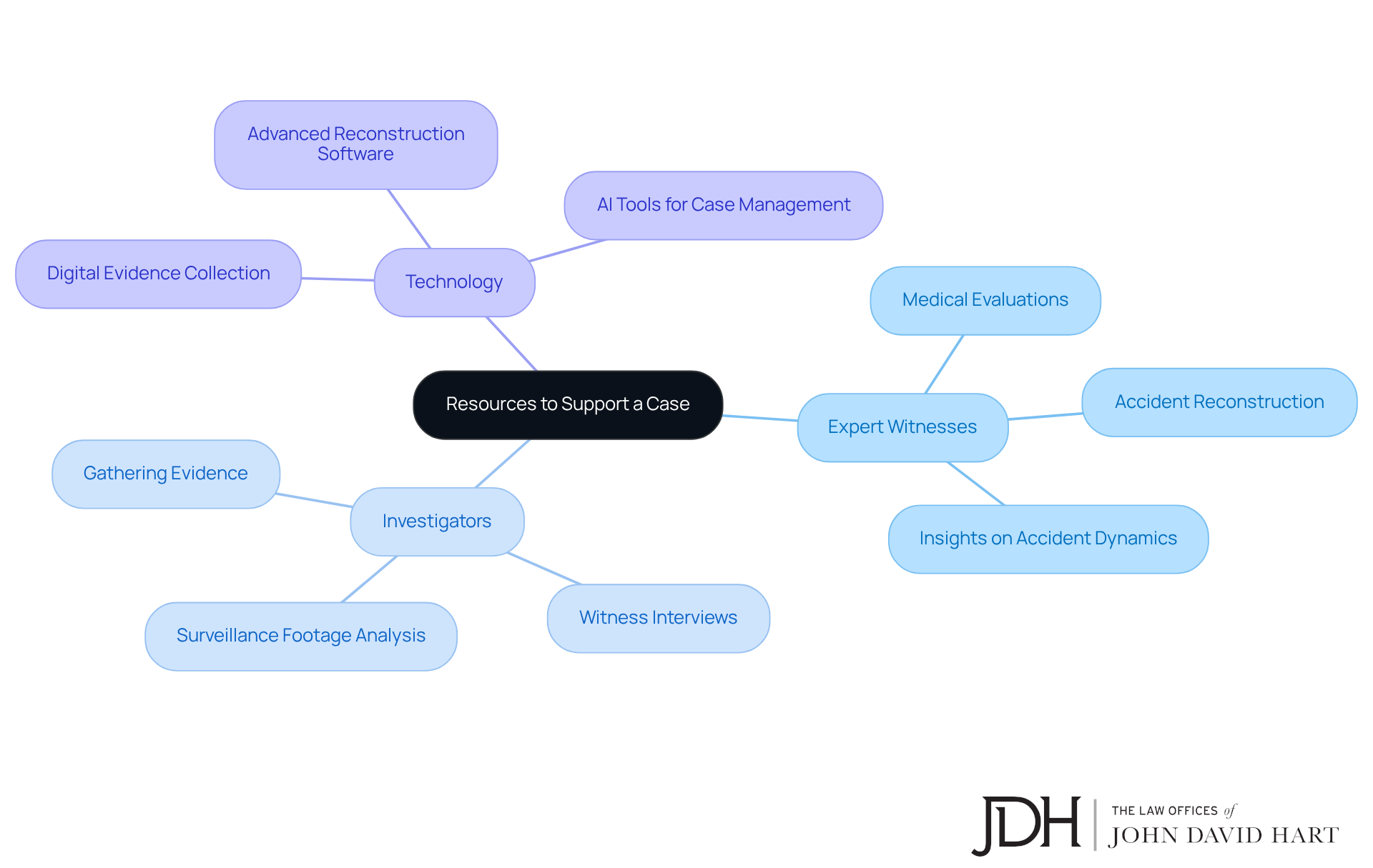The center of the mindmap represents the main idea — the resources available for your case. Branches represent different types of resources, while sub-branches detail specific aspects, illustrating how each contributes to building a stronger case.