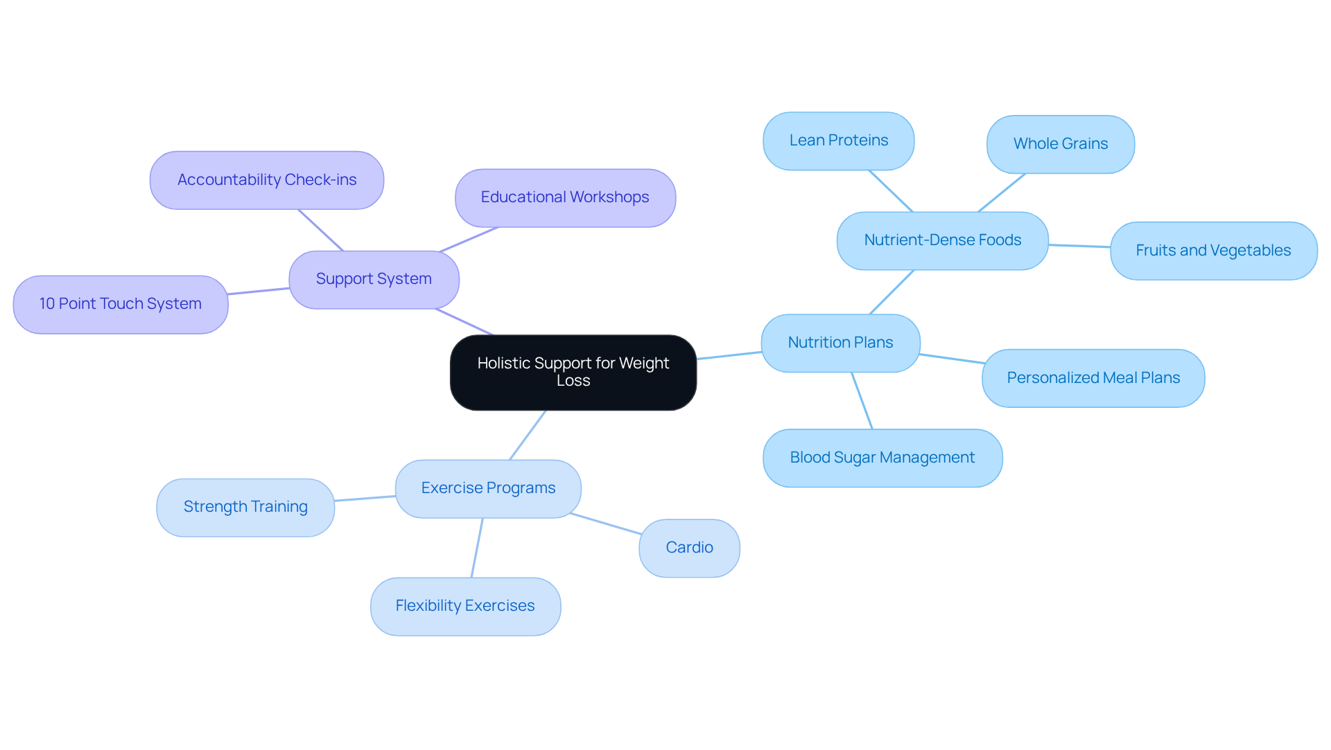 This mindmap illustrates how our weight loss program integrates nutrition and exercise. Start at the center with the main idea, then follow the branches to see how each component contributes to your journey. Each color represents a different aspect of support, making it easy to understand how everything connects.