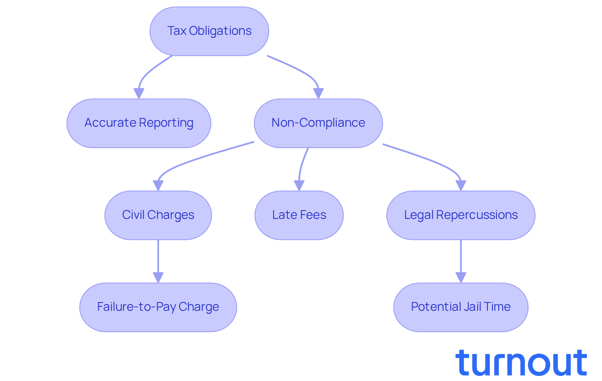 This flowchart guides you through the process of tax obligations. Start at the top with your responsibilities, and follow the arrows to see what happens if you don't comply. Each box represents a step or consequence, helping you understand the potential outcomes of your actions.