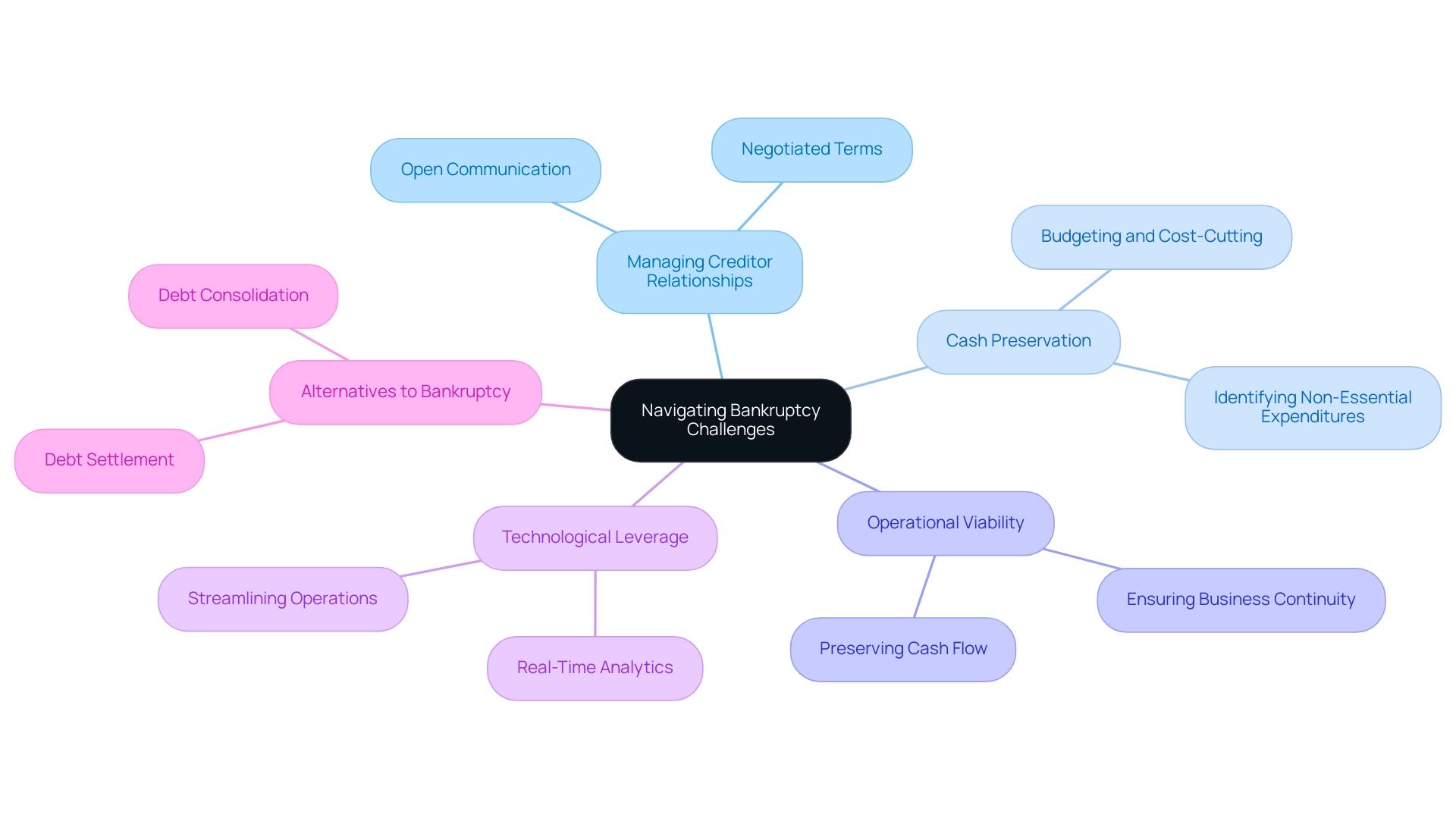 Each branch represents a key challenge or strategy in managing bankruptcy, with color coding to differentiate between main topics.