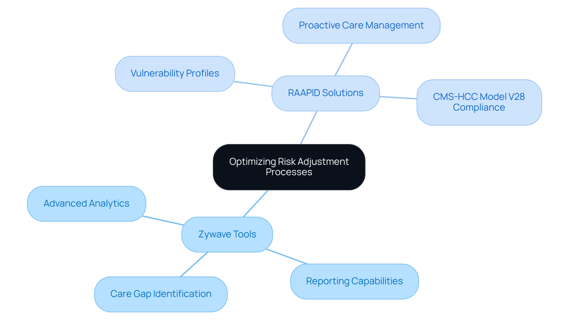 The central node represents the main goal of optimizing risk adjustment processes, while the branches show the tools and strategies that contribute to achieving this goal. Each sub-branch details specific features or benefits, helping you understand how they work together.
