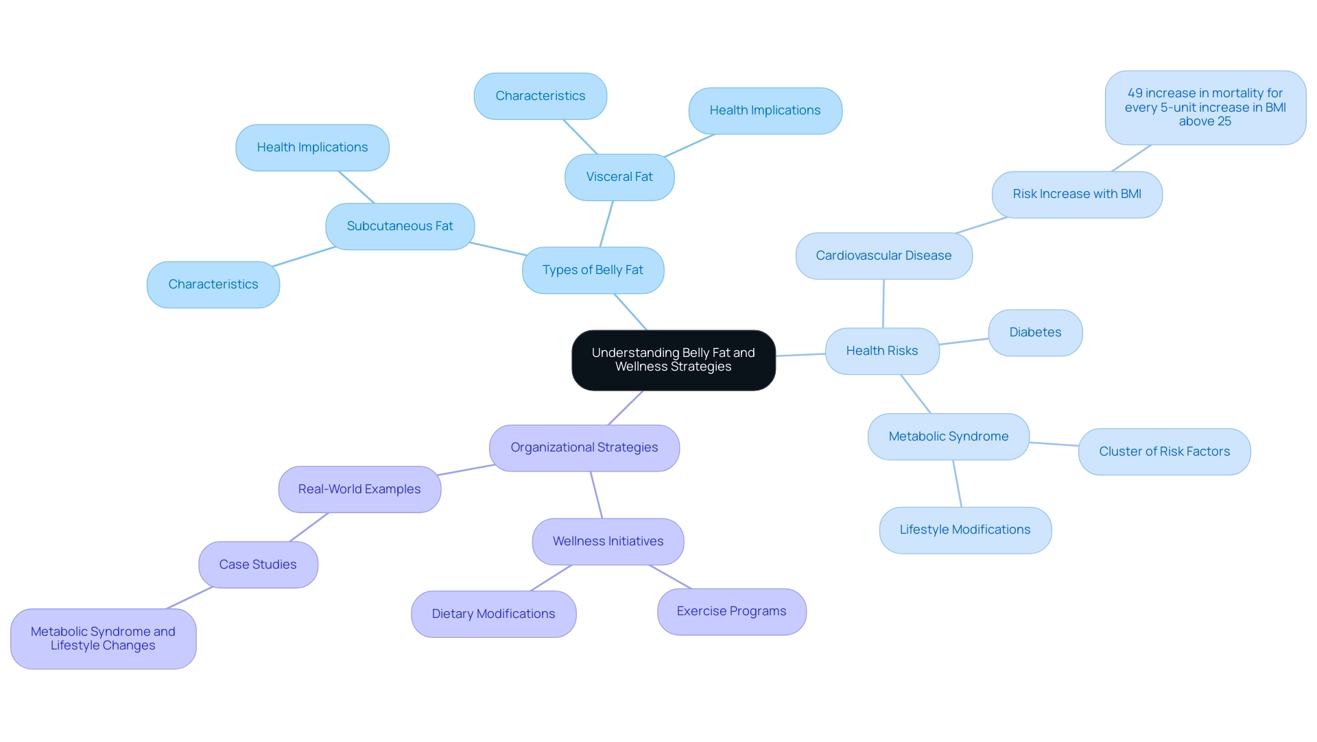 Each branch represents a category related to belly fat, its risks, and organizational approaches to wellness, with colors differentiating main sections.