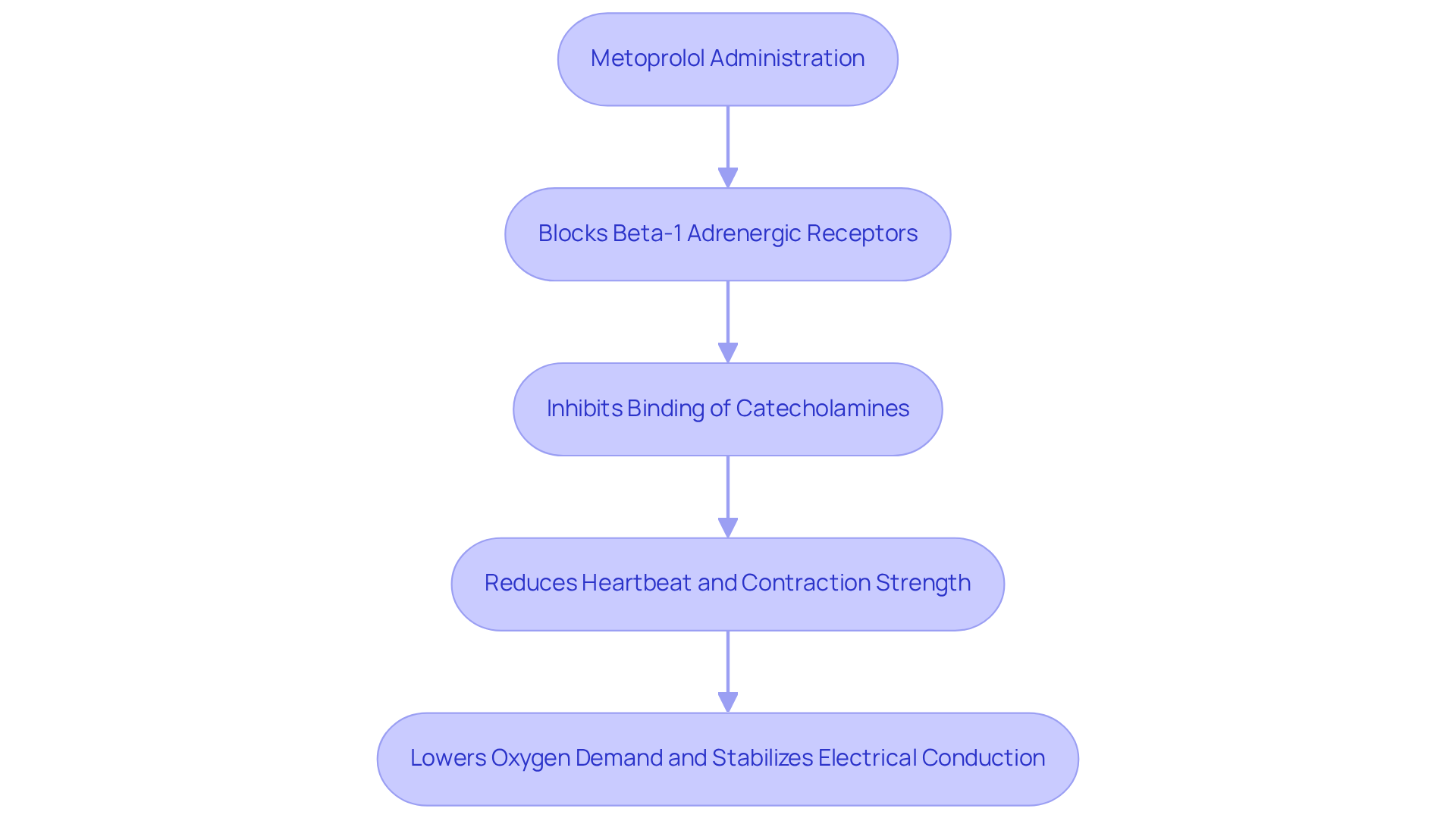 Follow the arrows to see how Metoprolol works: it starts with blocking receptors, which leads to reduced heart activity and helps stabilize heart rhythm, ultimately improving heart health.