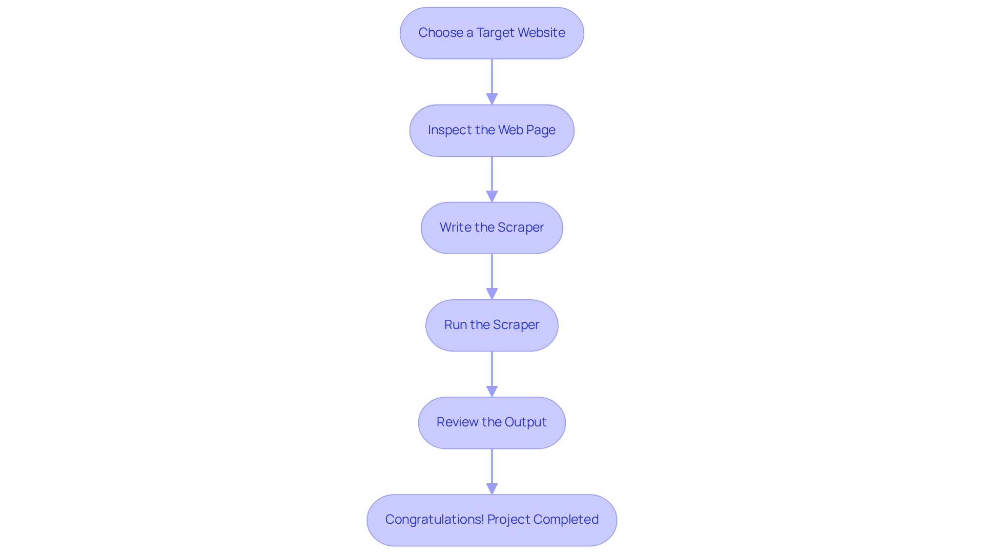 Each box represents a step in your web scraping project. Follow the arrows to see how to move from one step to the next, starting from choosing a website to reviewing your results.