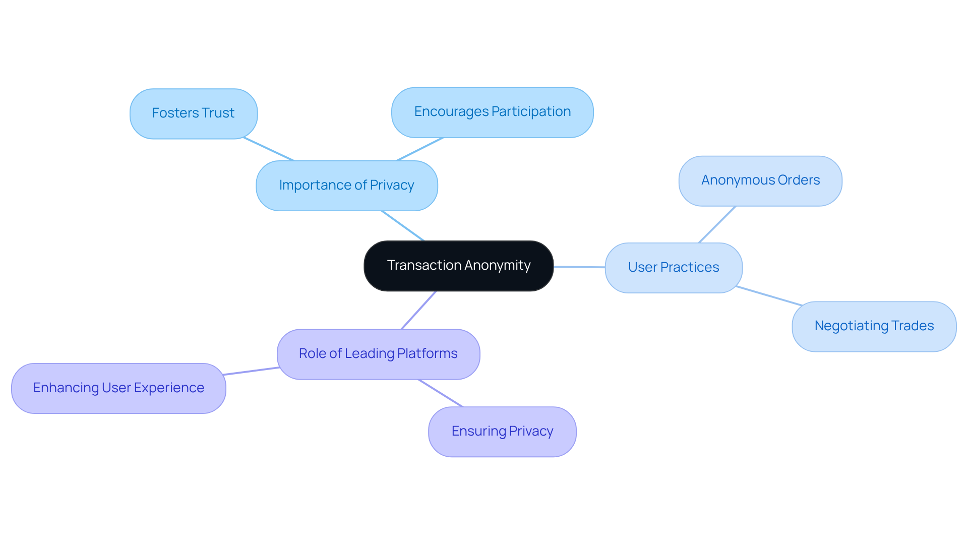 The central idea is transaction anonymity, with branches showing its importance, how users engage, and the role of platforms. Each branch highlights a different aspect of how privacy impacts trading.