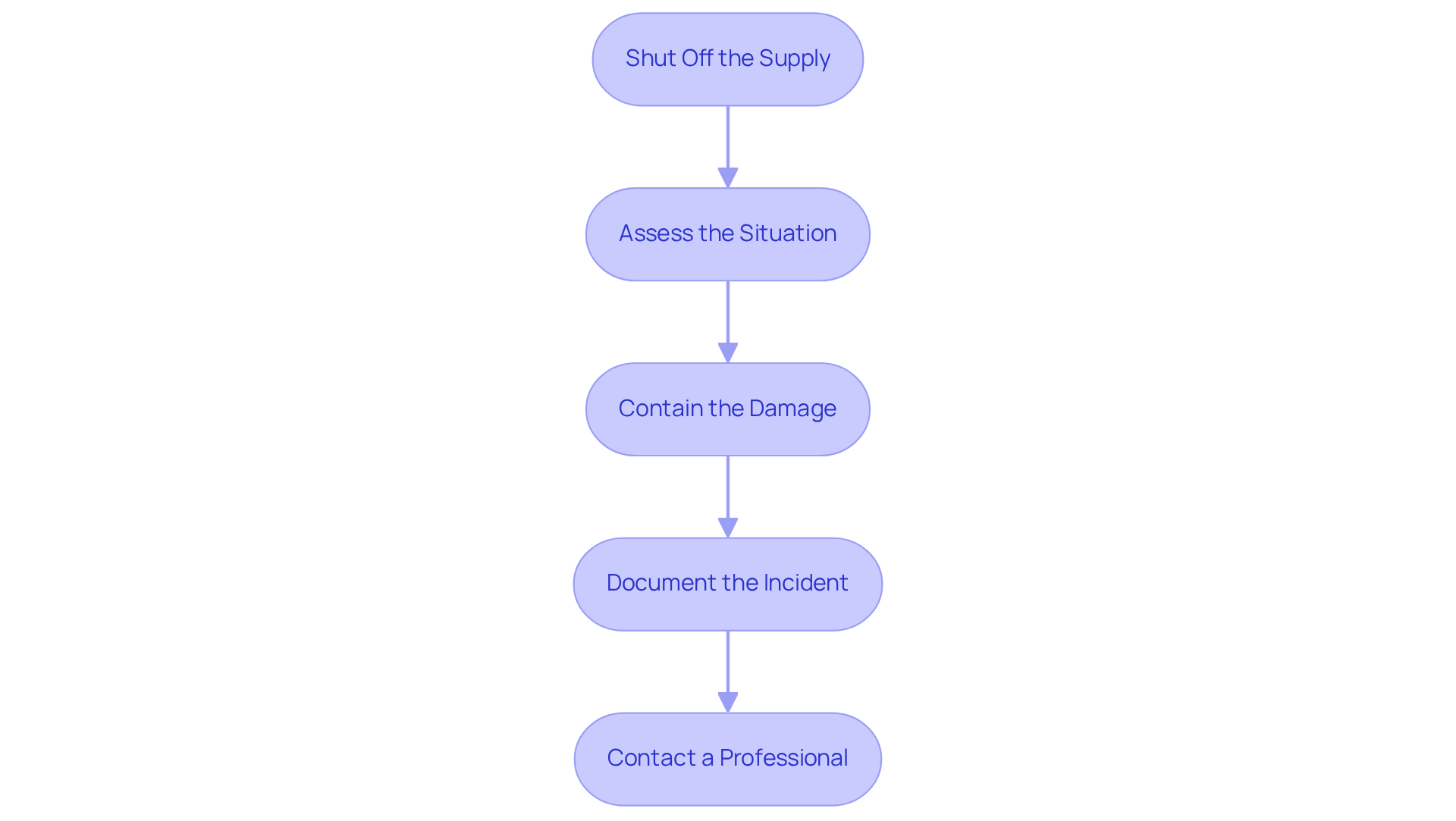 Each box represents a crucial step to take during a plumbing emergency. Follow the arrows to see the order in which to act, starting from shutting off the water supply to contacting a professional.
