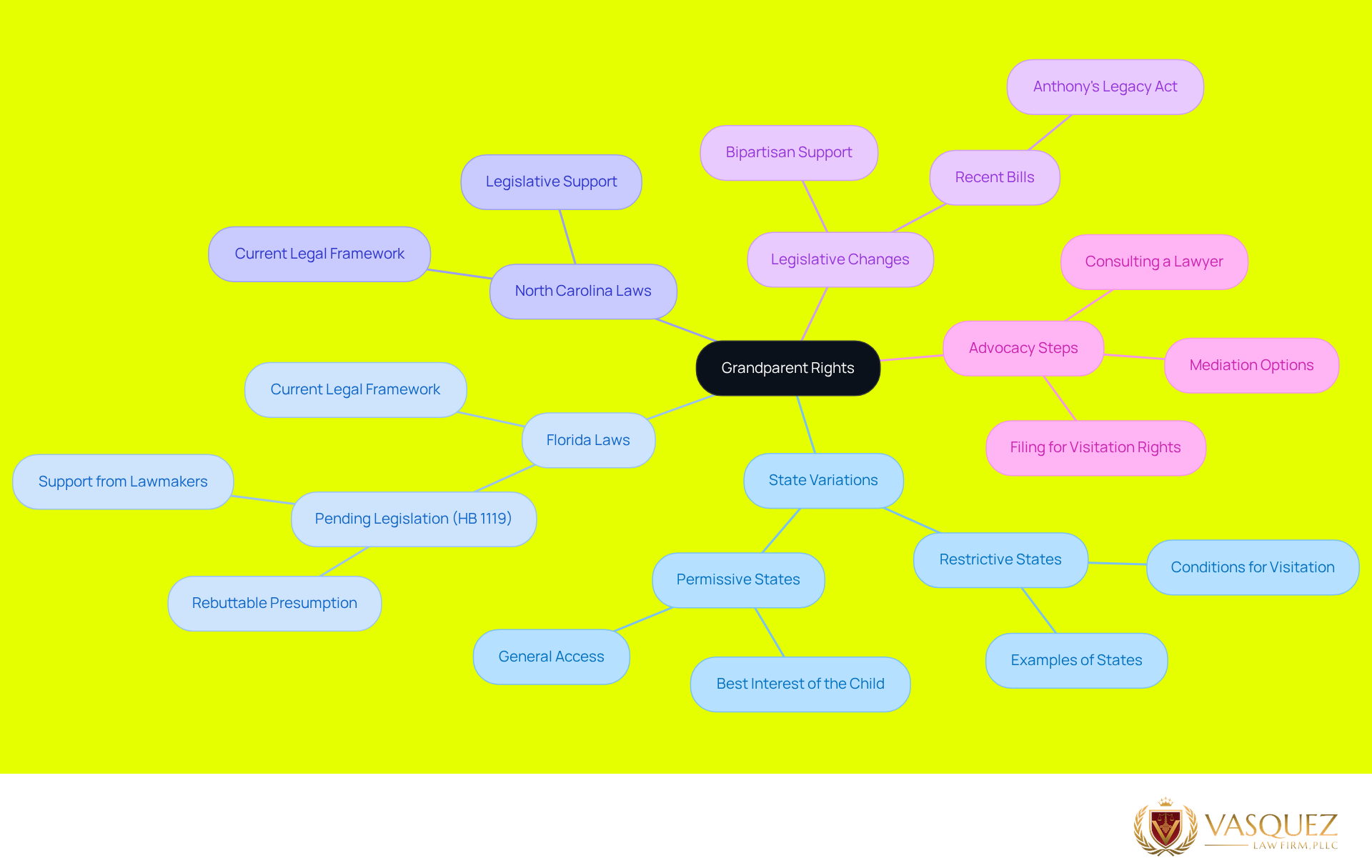 This mindmap starts with the central theme of grandparent rights and branches out into various aspects, showing how different states handle these rights and what steps grandparents can take. Each branch represents a different area of focus, making it easier to see the connections and differences.