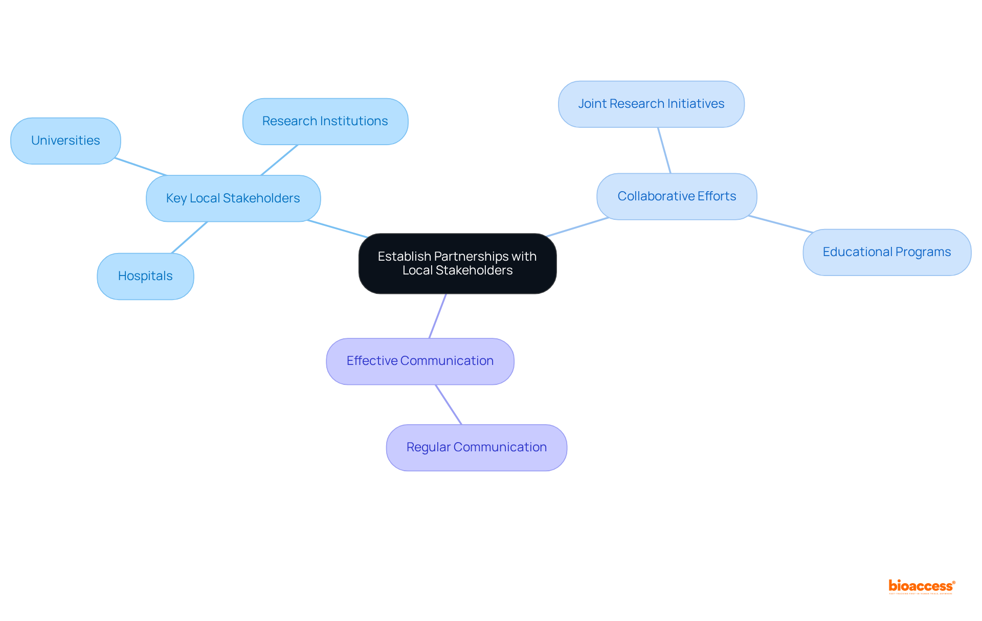 The center represents the main goal of establishing partnerships. The branches show key stakeholders and collaborative efforts that contribute to achieving success in the medtech market.