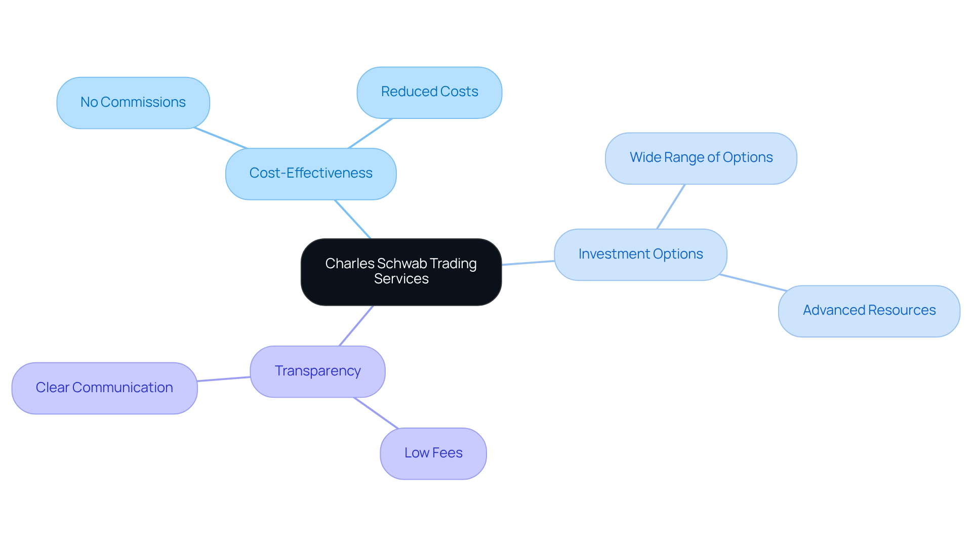 The central node represents Schwab's services, while the branches show the key benefits. Each sub-branch provides more detail on how Schwab supports institutional investors.