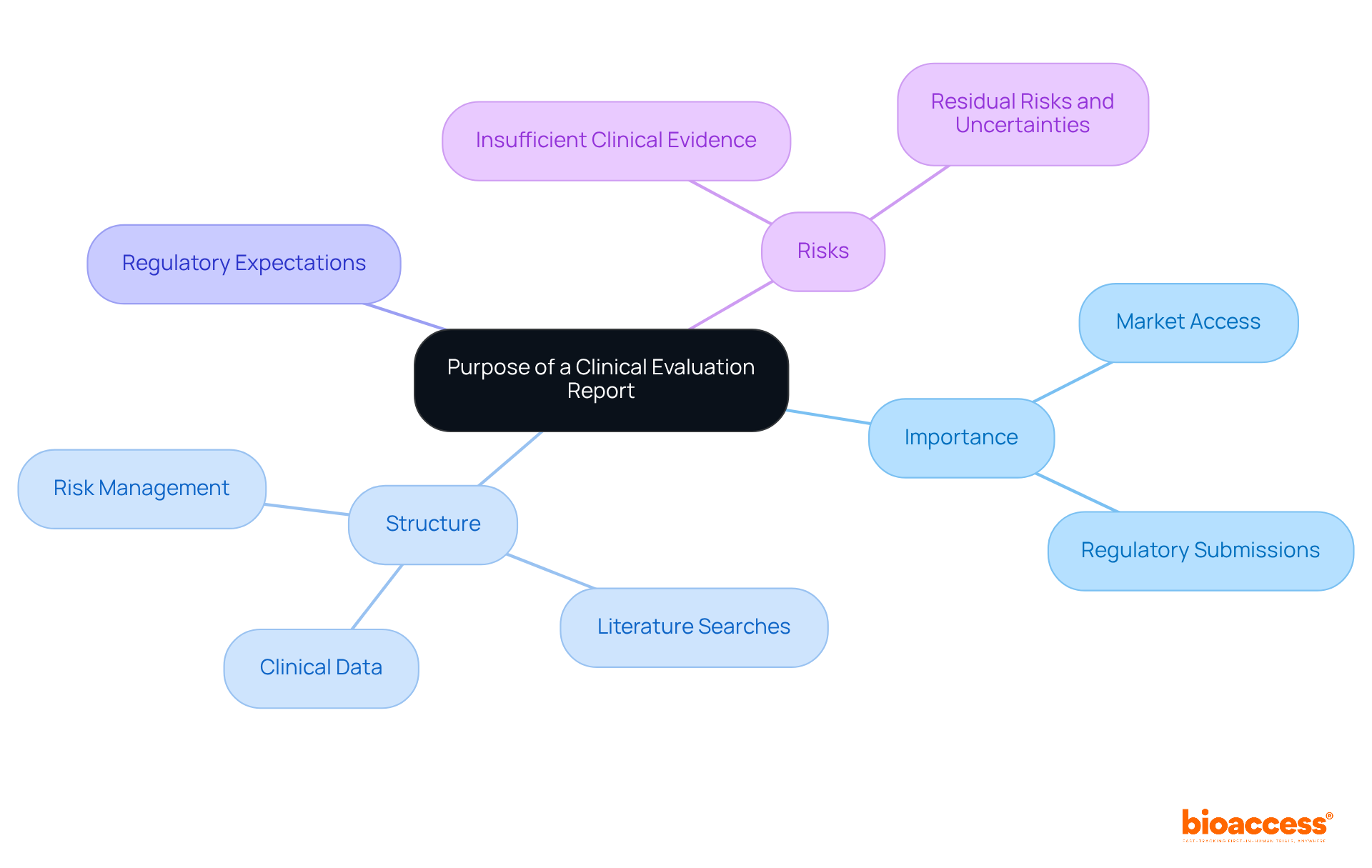 Start at the center with the main purpose of the CER, then explore the branches to see its importance, structure, and how it relates to regulatory requirements and risk management.