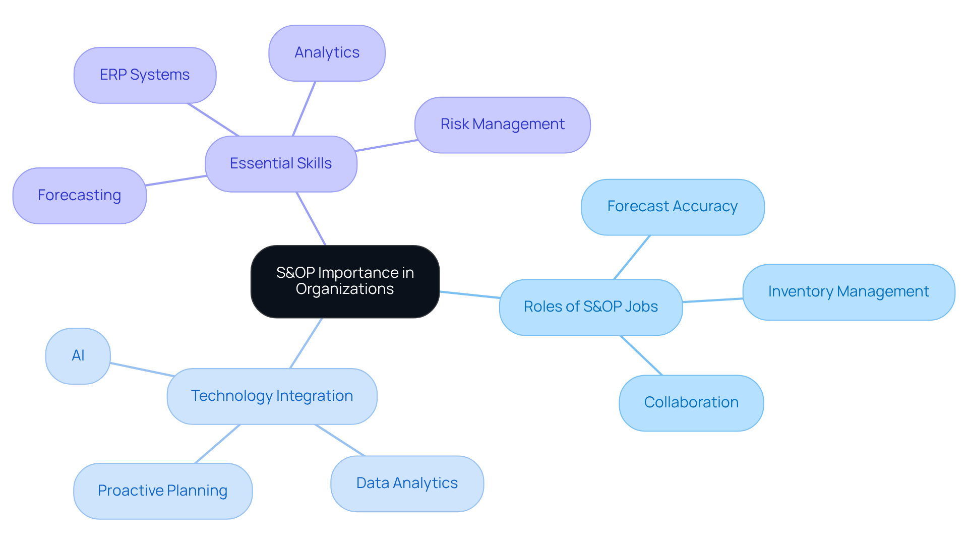 Start at the center with 'S&OP Importance'. Each branch represents a crucial aspect, showing how roles, technology, and skills connect to enhance organizational effectiveness. Start at the center with 'S&OP Importance'. Each branch represents a crucial aspect, showing how roles, technology, and skills connect to enhance organizational effectiveness.