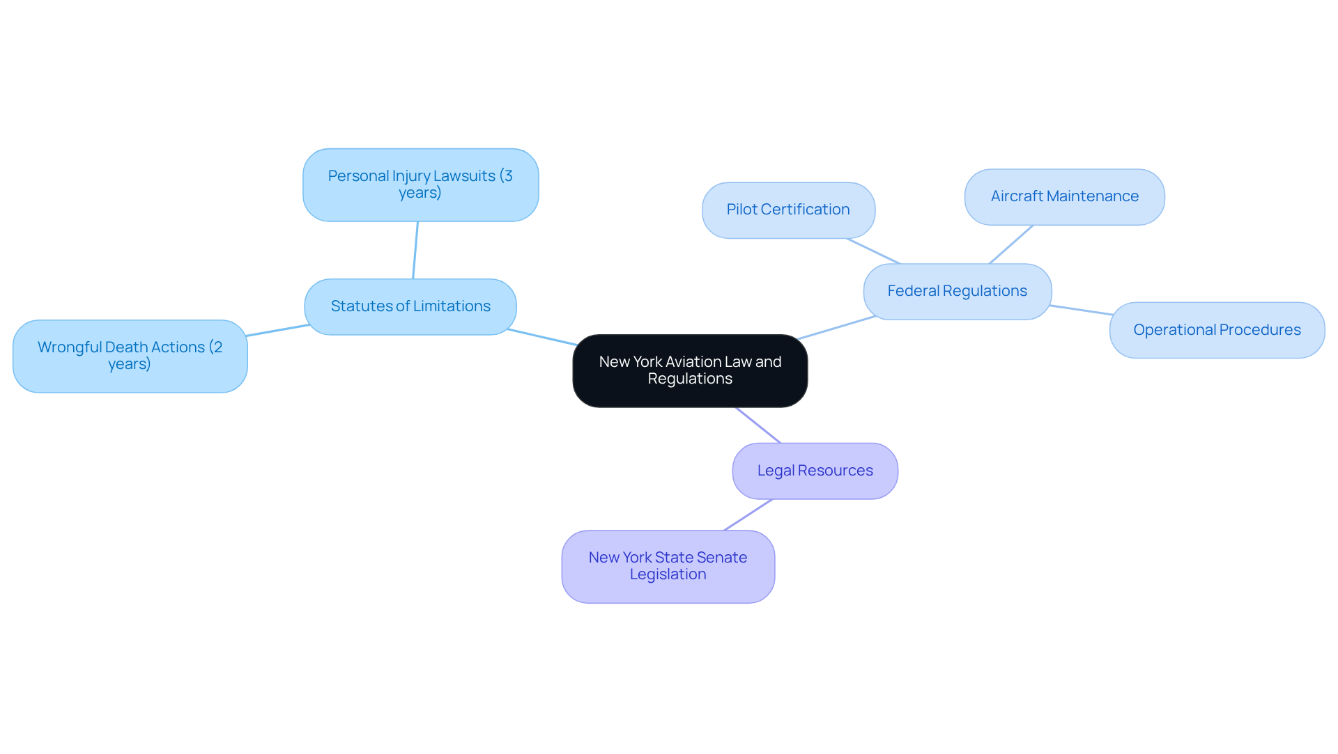 The central node represents the main topic of aviation law in New York. Each branch shows a key area of focus, with further details provided in the sub-branches. This structure helps you see how different aspects of the law connect and what you need to know.