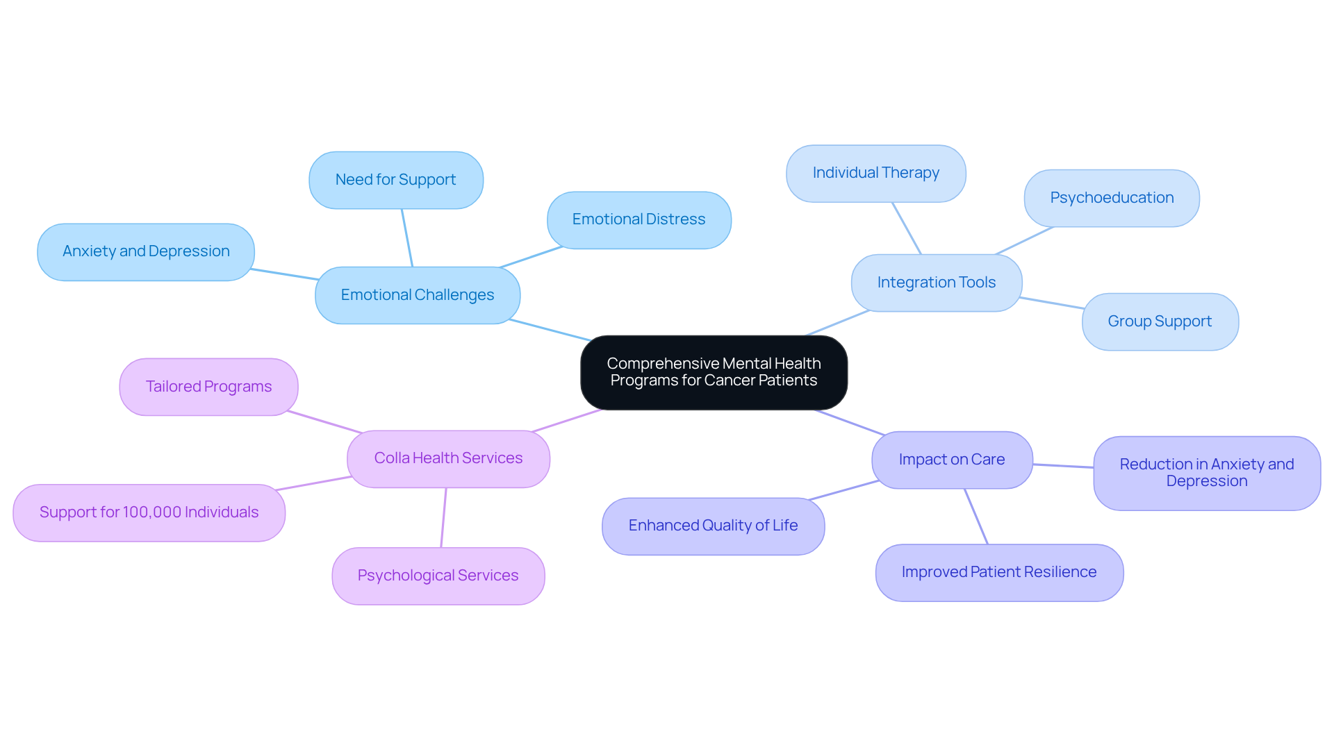 The center represents the main focus on mental health programs, with branches showing the emotional challenges faced by patients and the various support tools available. Each branch highlights how these tools contribute to better emotional well-being and treatment outcomes.