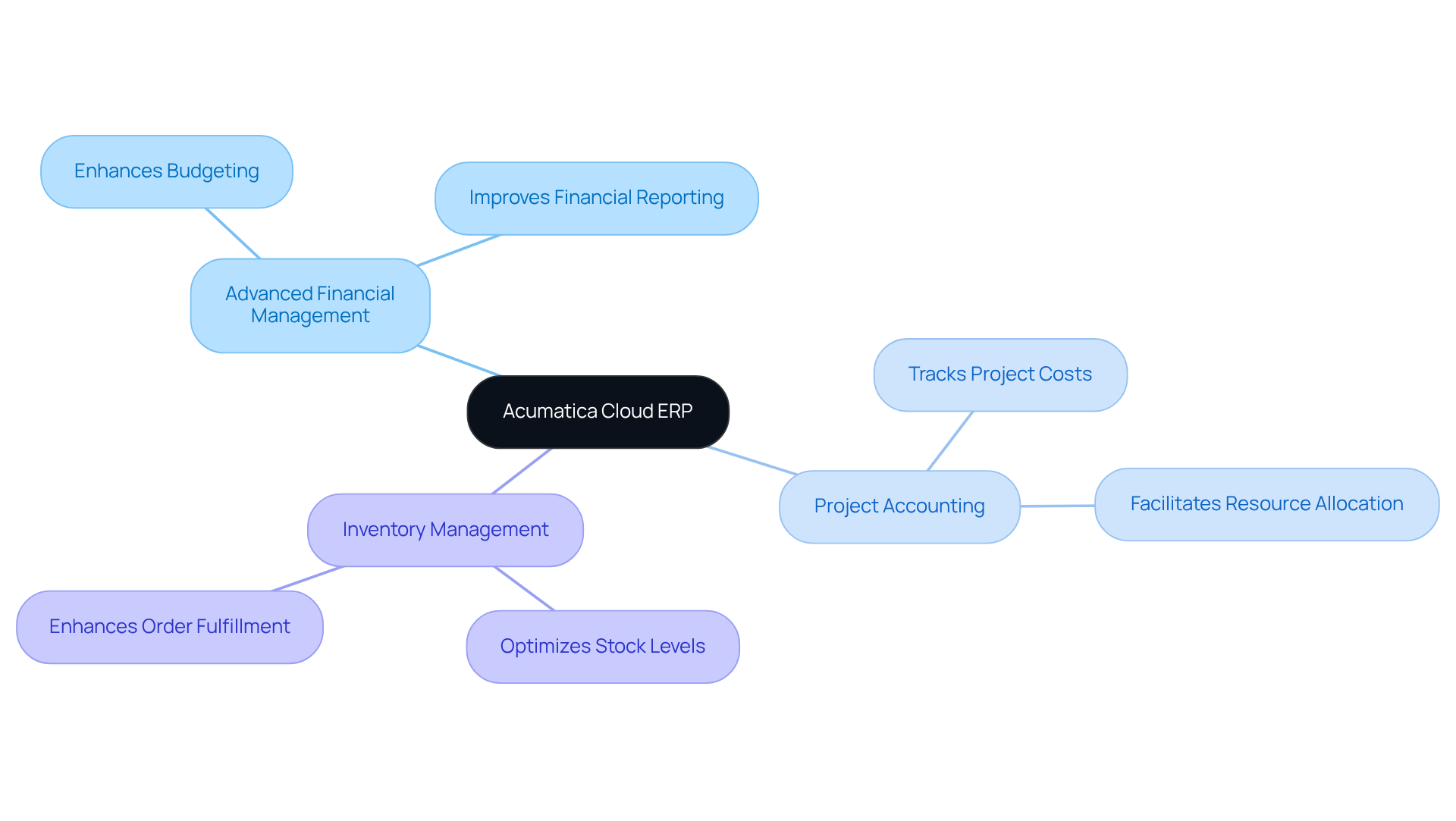 The center represents Acumatica Cloud ERP, and the branches show its key features. Each feature is designed to improve efficiency in discrete manufacturing, making it easier for producers to manage their operations.