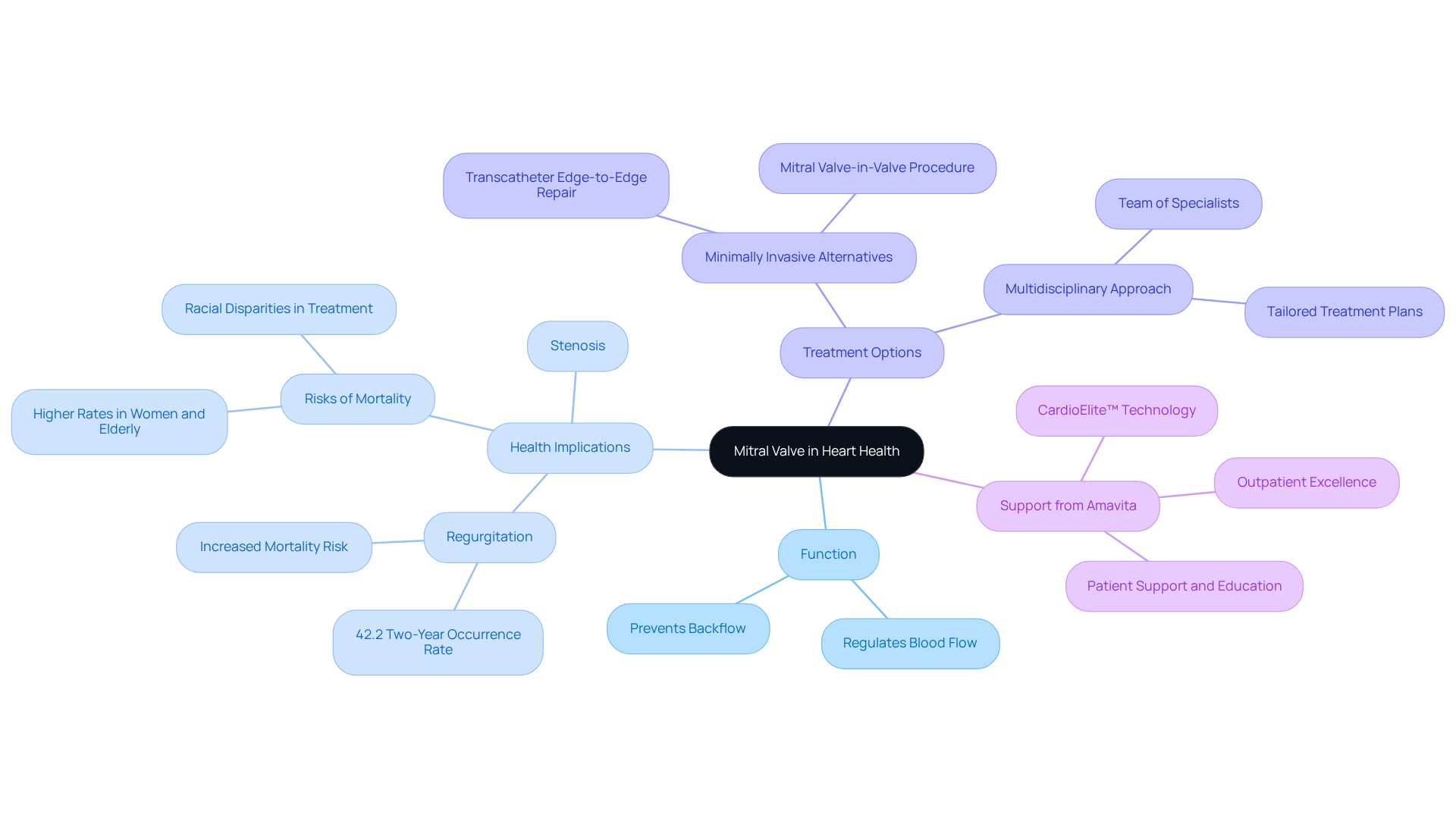 The central node represents the mitral valve, while the branches show its functions, health risks, treatment options, and the support available from Amavita. Each branch helps you understand different aspects of how the mitral valve affects heart health.