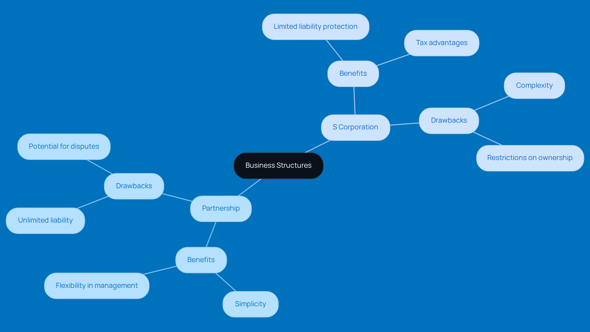 The central node represents the topic of business structures. Each branch shows a different structure (Partnership or S Corporation) with its benefits and drawbacks listed underneath. This helps you see at a glance what each option offers and what challenges it might bring.