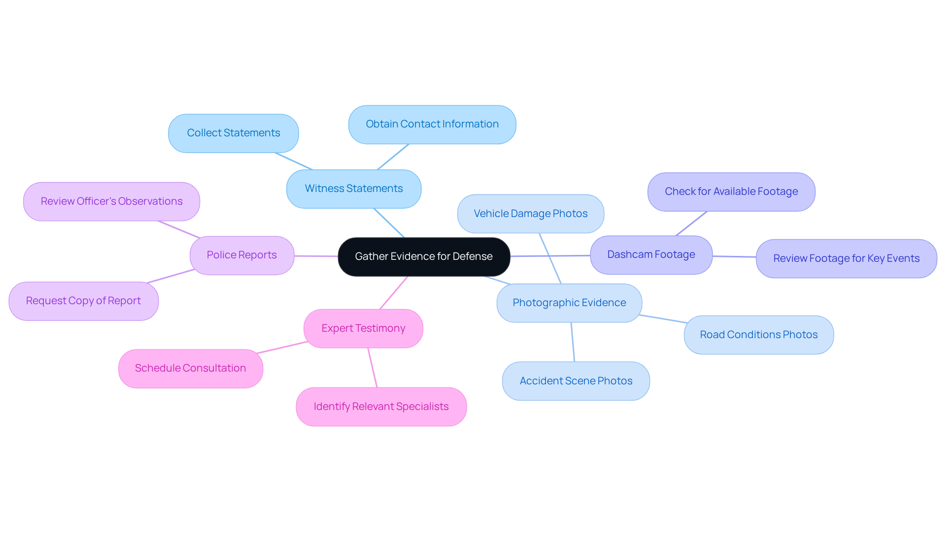 This mindmap shows the different types of evidence you need to collect for your defense. Start at the center with the main idea, then follow the branches to see each type of evidence and what you should do to gather it.