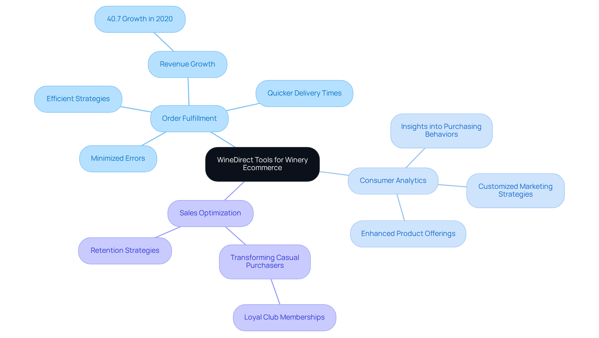 The center represents WineDirect's offerings, with branches showing how each tool supports winery growth and customer retention. Follow the branches to see how strategies connect to outcomes.