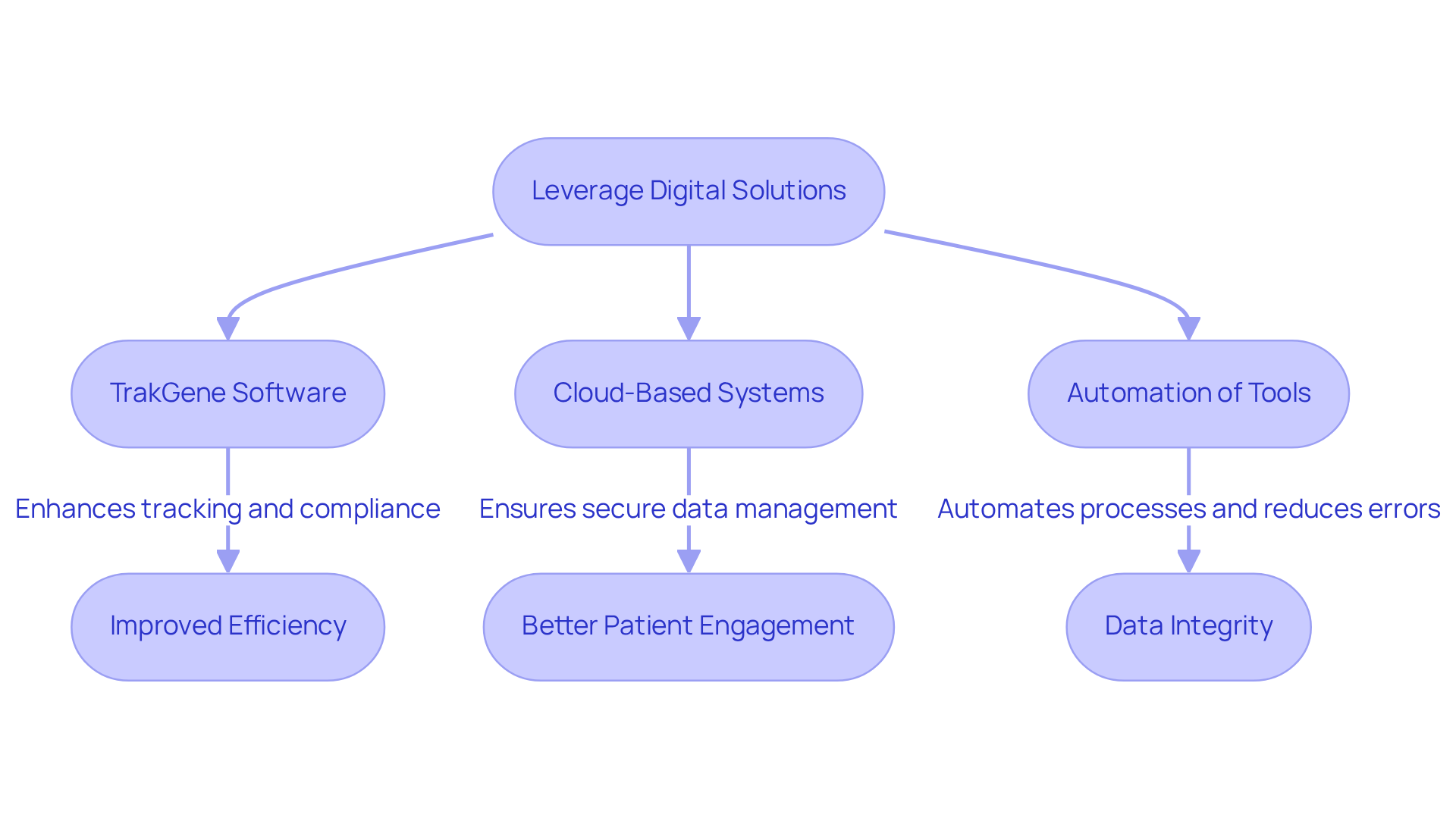 Follow the arrows to see how each digital solution contributes to better data management in genomic workflows. Each step shows a key component and its impact on efficiency and patient engagement.