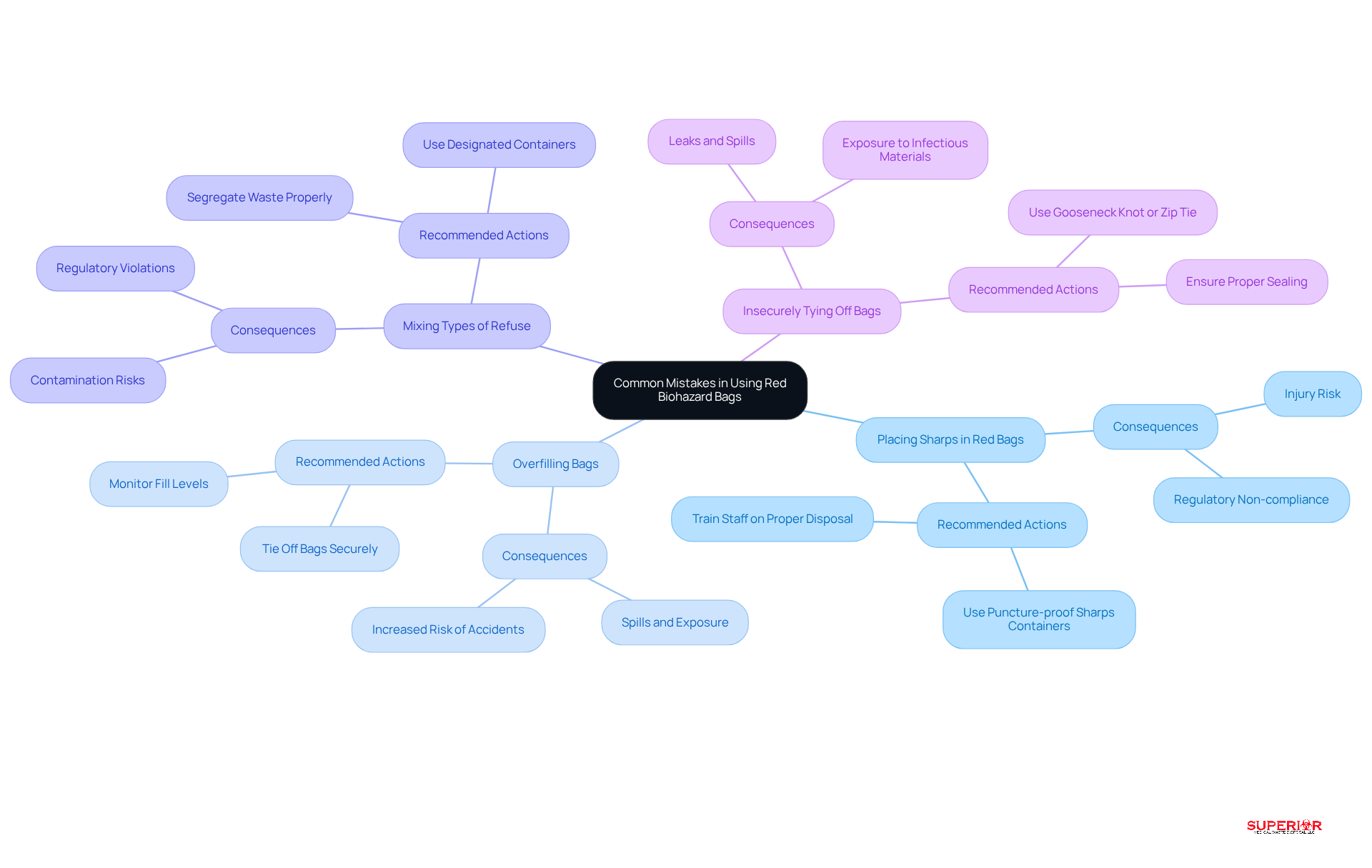 The central node represents the main topic, while each branch highlights a specific mistake. Sub-branches provide details on consequences and best practices, helping to clarify the importance of proper biohazard waste management. The central node represents the main topic, while each branch highlights a specific mistake. Sub-branches provide details on consequences and best practices, helping to clarify the importance of proper biohazard waste management.