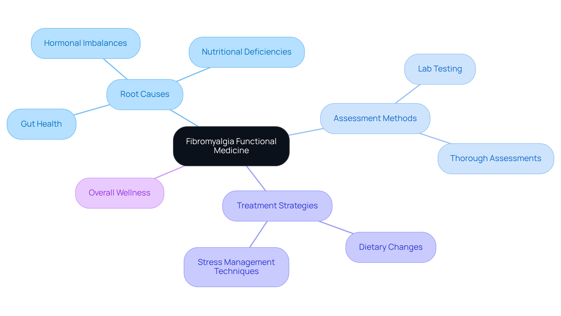 The center represents the main focus on functional medicine for fibromyalgia. Each branch shows different aspects of treatment, helping you see how they connect and contribute to overall health.