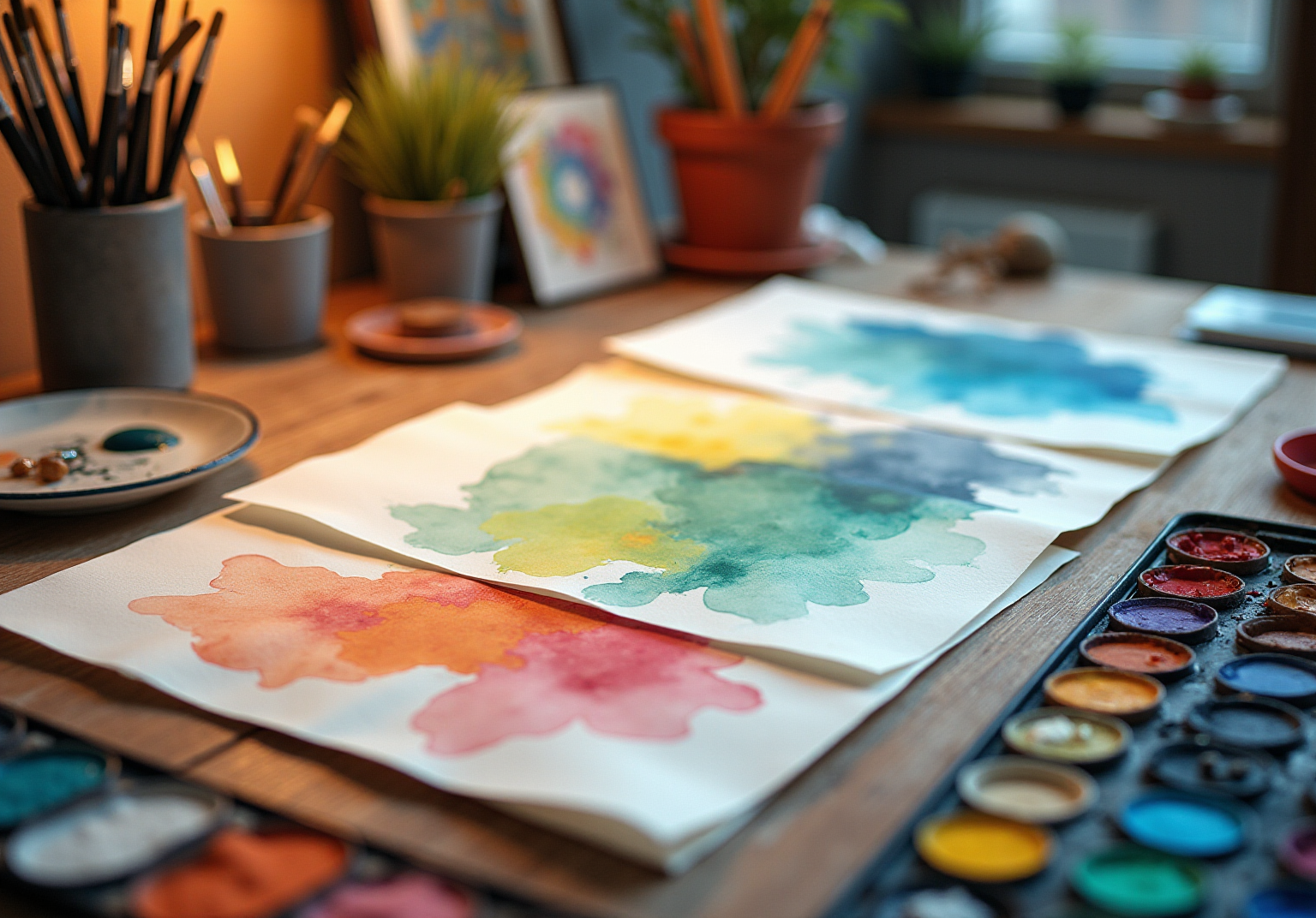 Artistic Workspace with Watercolor Papers Artistic Workspace with Watercolor Papers
