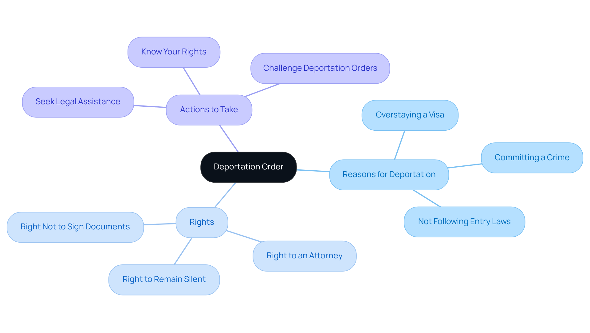 The center represents deportation orders, with branches showing reasons, rights, and actions. Each color-coded branch helps you see how different aspects relate to the main topic, making it easier to understand your situation.