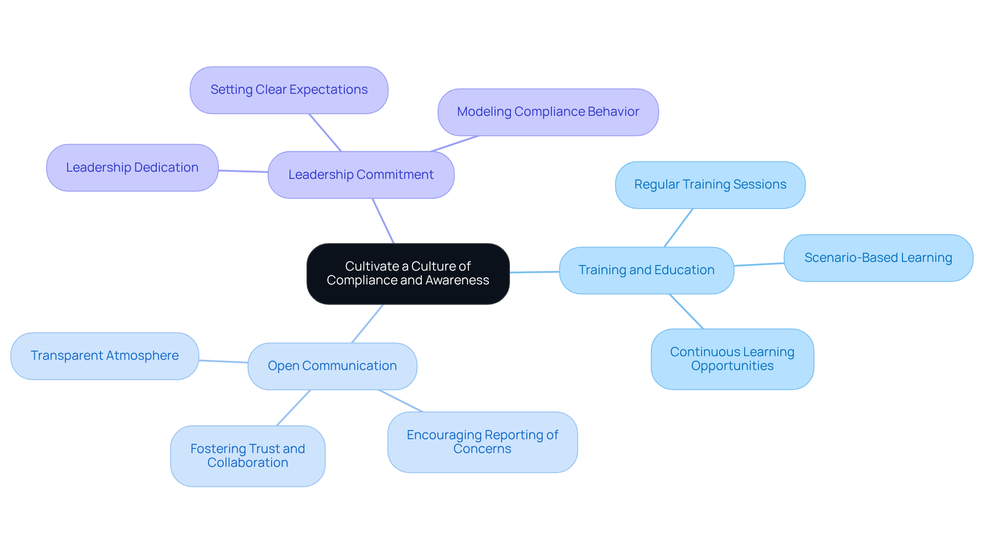 The central node represents the main goal of fostering compliance. Each branch shows a key strategy, and the sub-branches provide more details or examples of how to implement these strategies. The central node represents the main goal of fostering compliance. Each branch shows a key strategy, and the sub-branches provide more details or examples of how to implement these strategies.