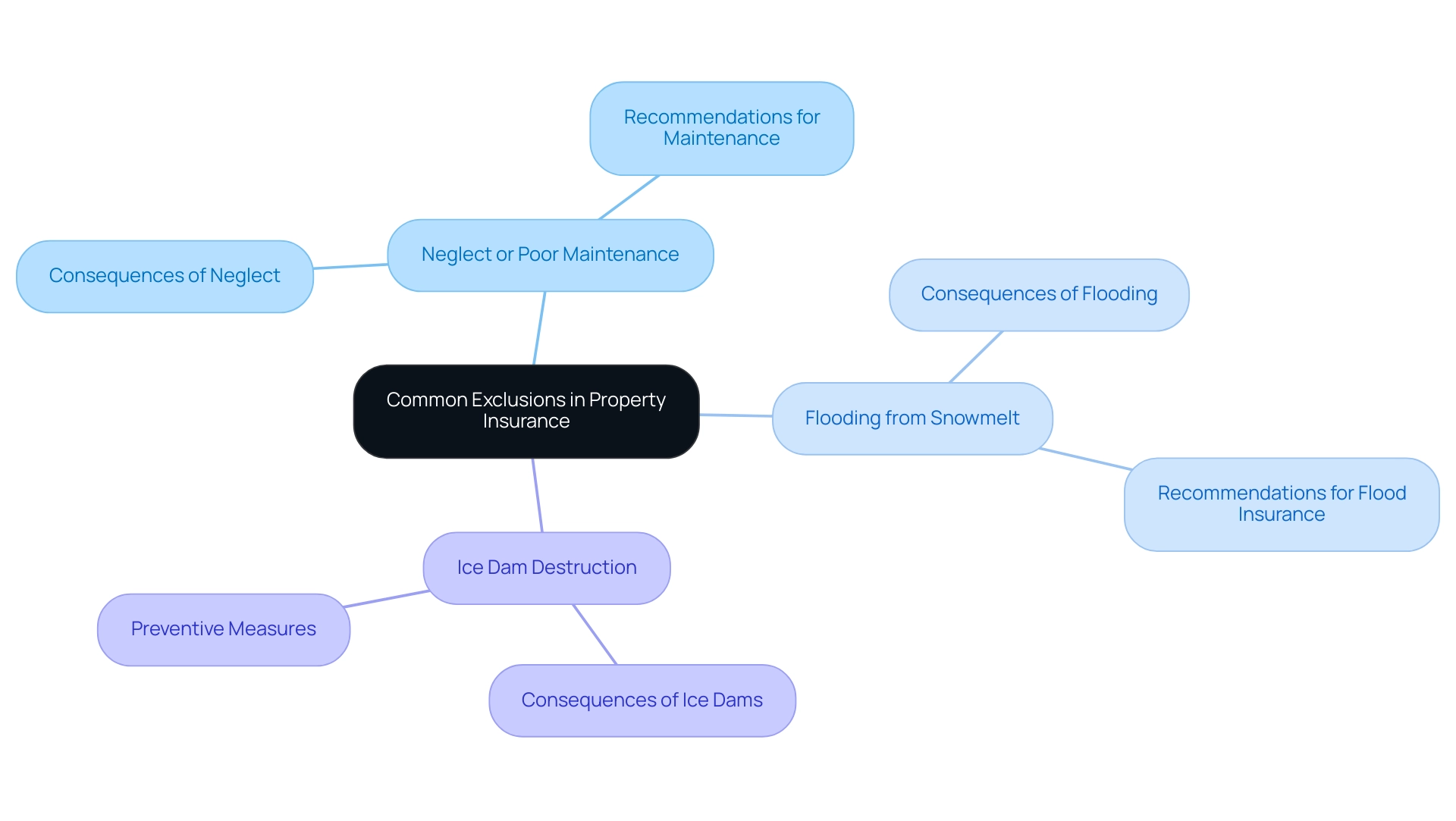 The central node represents the main topic, with branches showing specific exclusions and their implications.