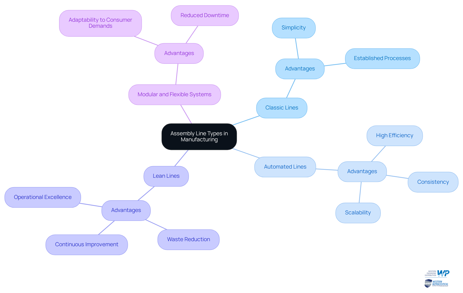 The center represents the main topic of assembly lines, with branches showing different types and their benefits. Each color-coded branch helps you quickly identify the type of assembly line and its unique advantages.