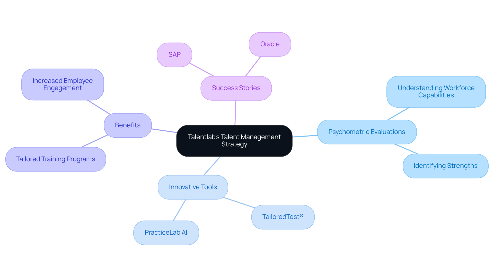 Start at the center with Talentlab's strategy, then explore how psychometric evaluations and tools contribute to employee development and business success. Each branch represents a key aspect of their approach.