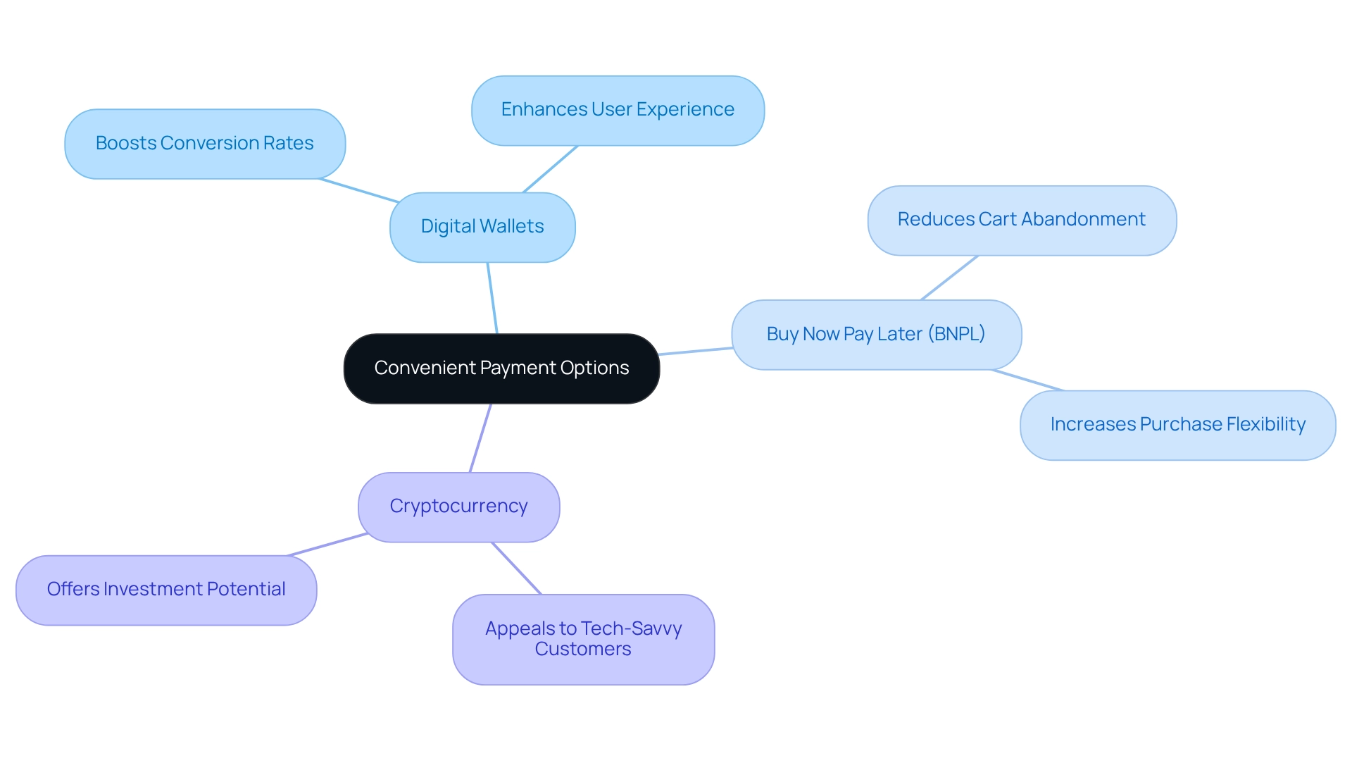 The central node shows the main topic, while branches represent different payment methods. Each sub-branch highlights how these options contribute to a better customer experience.