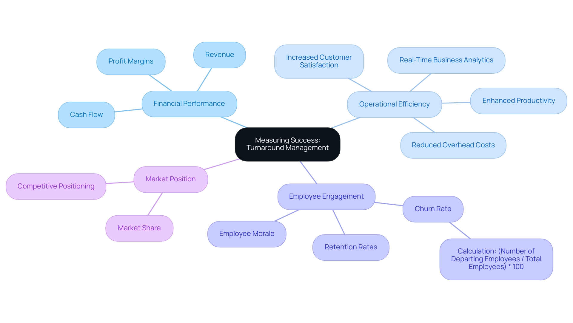 The central node represents the overall topic, with branches showing key indicators of success and their respective subcategories.