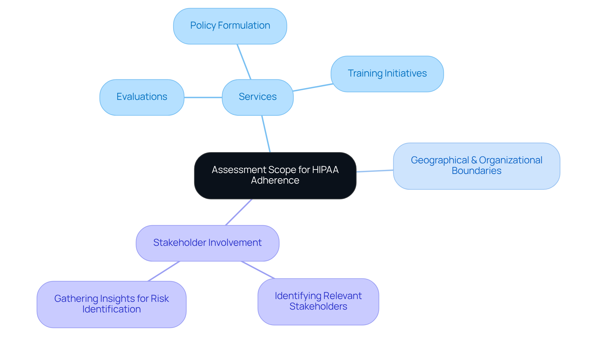 Start at the center with the main topic of assessment scope, then explore the branches to see the specific services and considerations that contribute to a comprehensive understanding of HIPAA adherence.