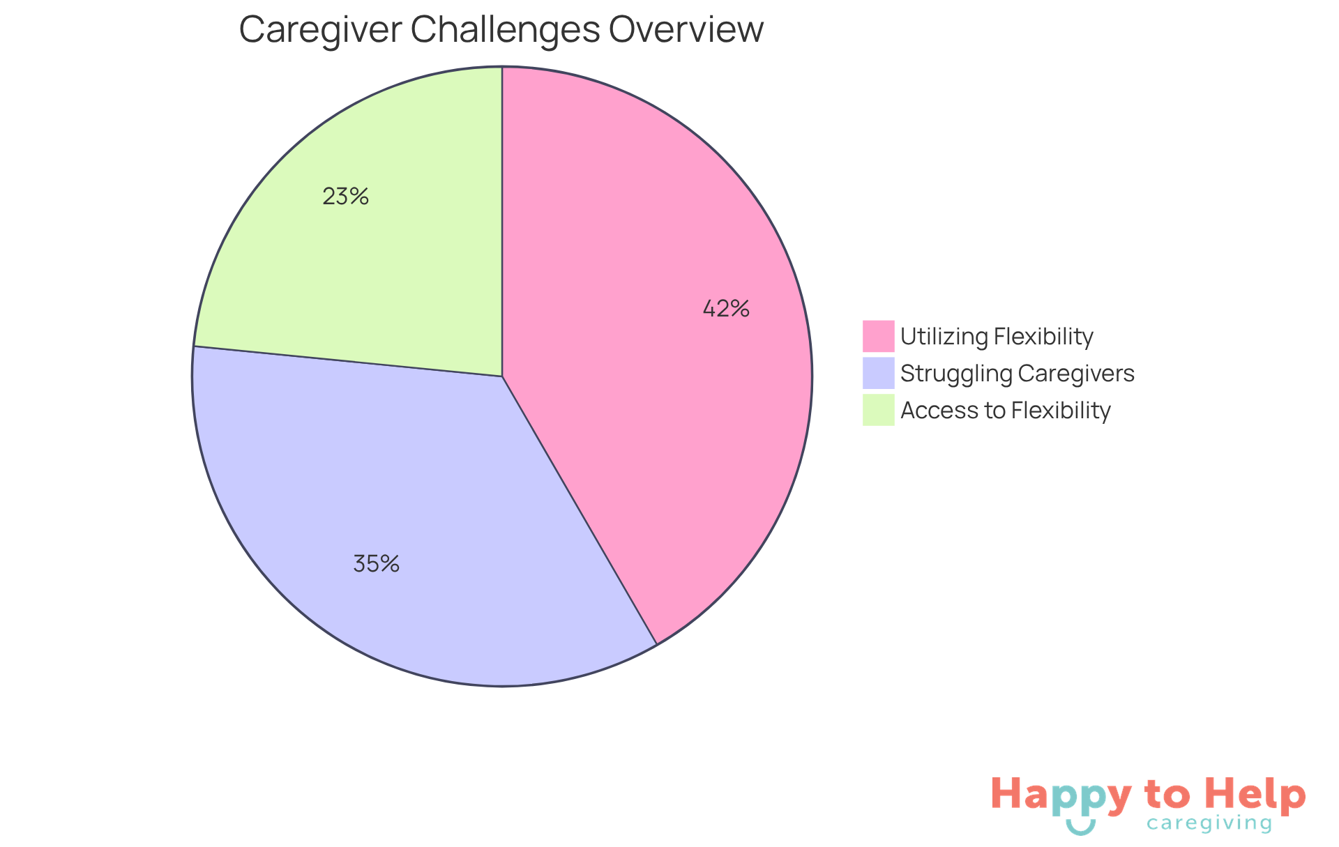 Each slice of the pie shows a different aspect of caregiver experiences: the blue slice represents those struggling to balance roles, the green slice shows those with access to flexible schedules, and the orange slice indicates those who actually use this flexibility.