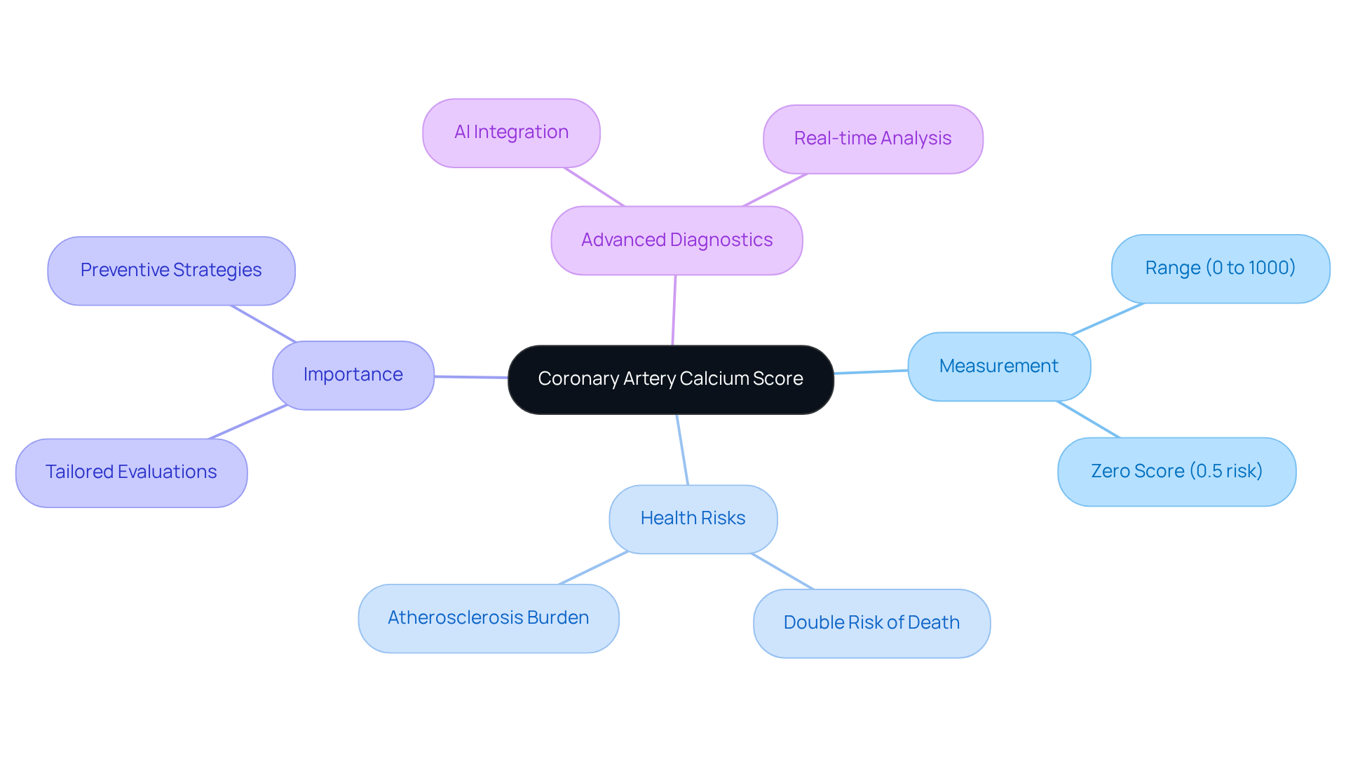 The central node represents the CAC score, with branches showing its measurement, associated health risks, and the importance of understanding it. Each branch helps you see how these concepts are interconnected.
