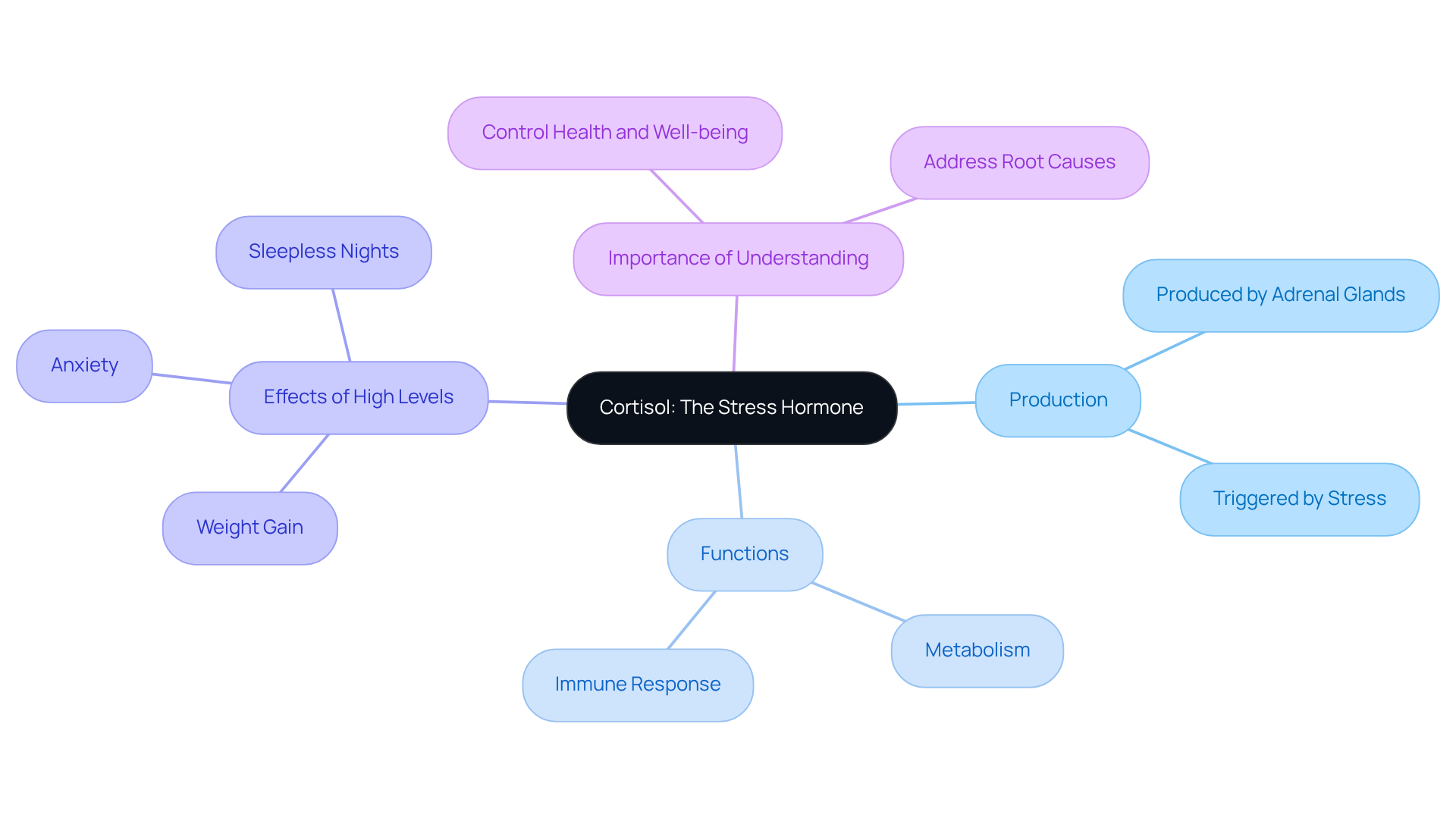 The central node represents cortisol, while the branches show its various roles and effects. Each color-coded branch helps you see how different aspects of cortisol connect to your overall health and well-being.