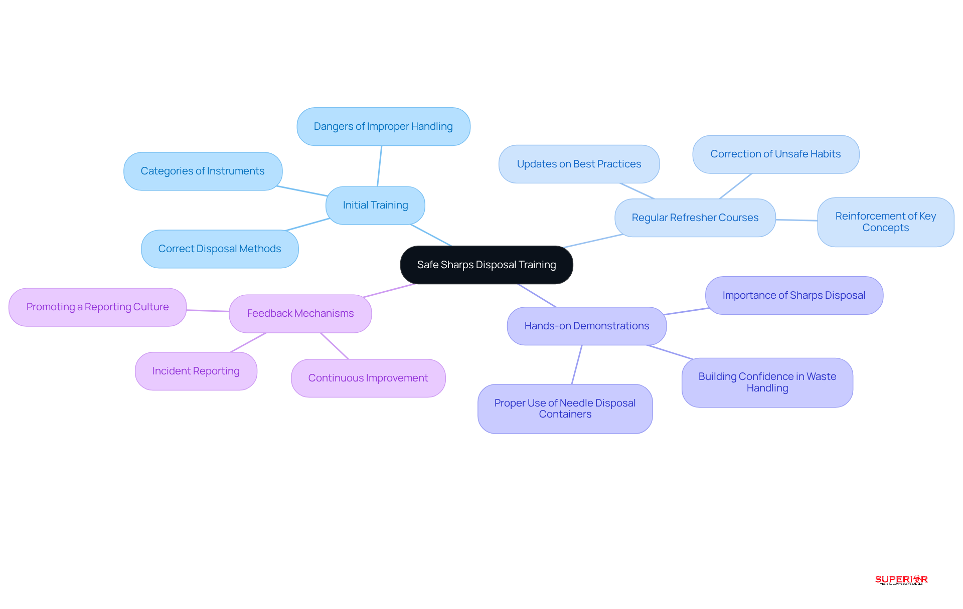 The central node represents the main focus of the training, while each branch highlights a key component of the training program. Follow the branches to understand how each part contributes to creating a safer environment.