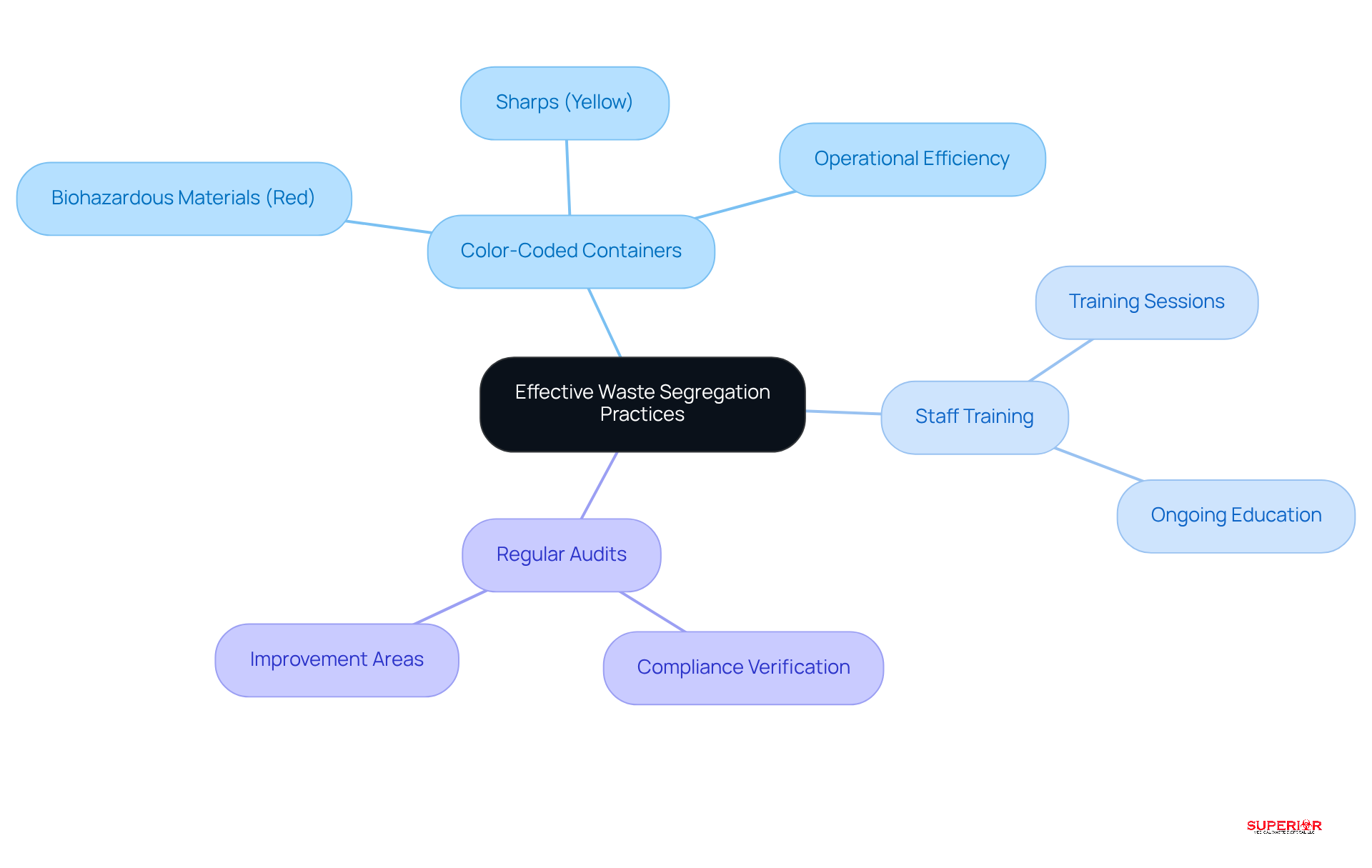 The center represents the main focus on waste segregation, with branches showing key components like color-coded systems, training, and audits. Each color-coded branch highlights different aspects of the strategy, making it easy to see how they connect and contribute to effective waste management. The center represents the main focus on waste segregation, with branches showing key components like color-coded systems, training, and audits. Each color-coded branch highlights different aspects of the strategy, making it easy to see how they connect and contribute to effective waste management.