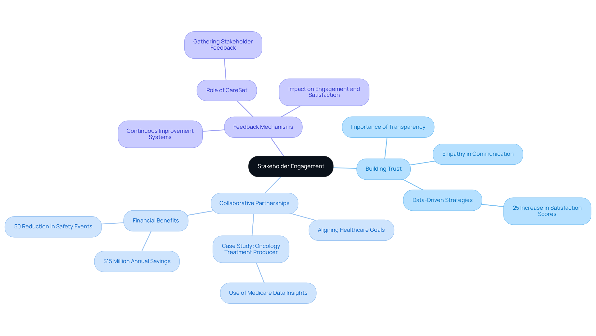 The center represents the overall focus on stakeholder engagement. The branches illustrate the main strategies, while sub-branches provide additional details and examples, helping to understand how each strategy contributes to effective partnerships.
