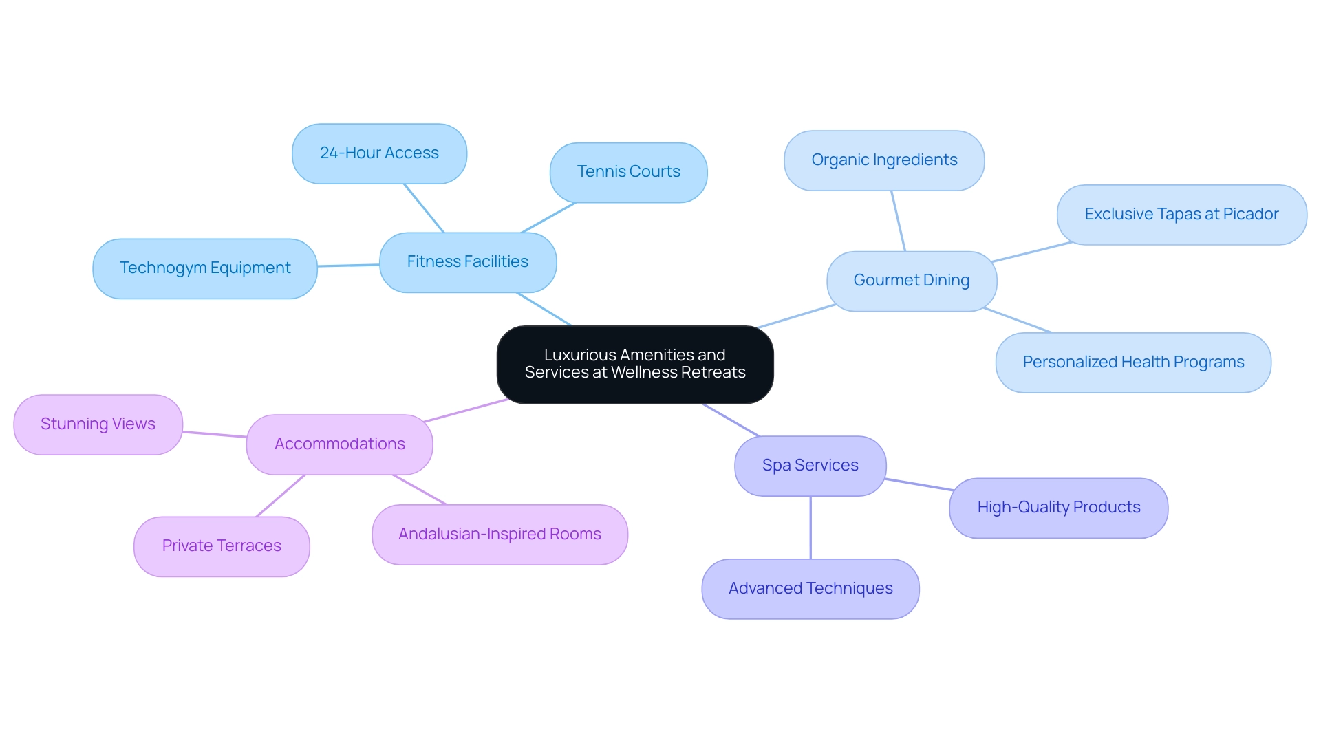 Each branch represents a category of amenities, and the sub-branches highlight specific offerings related to that category.