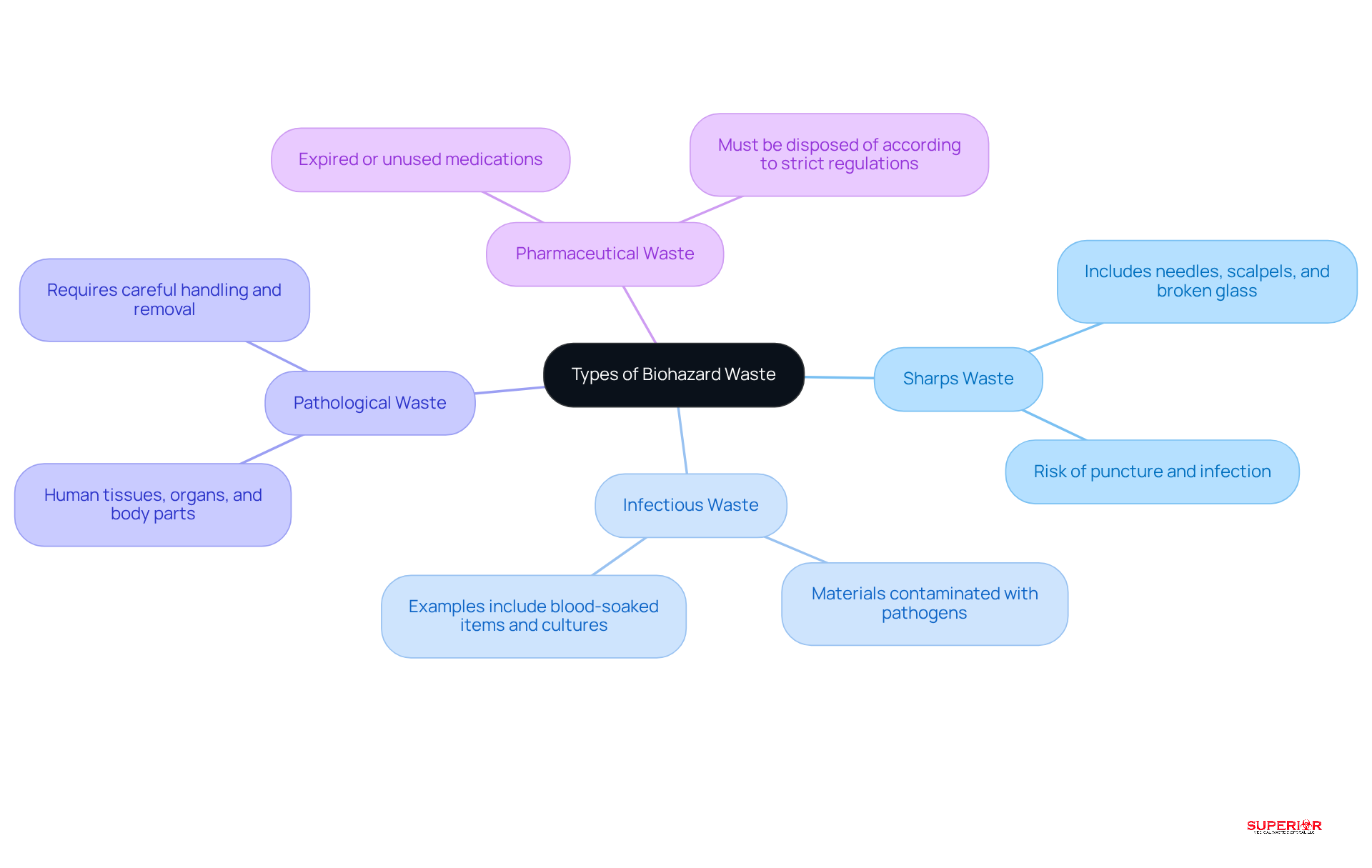 The central node represents the main topic of biohazard waste, while the branches show the different types. Each type has a brief description to help you understand what it includes and why it matters.