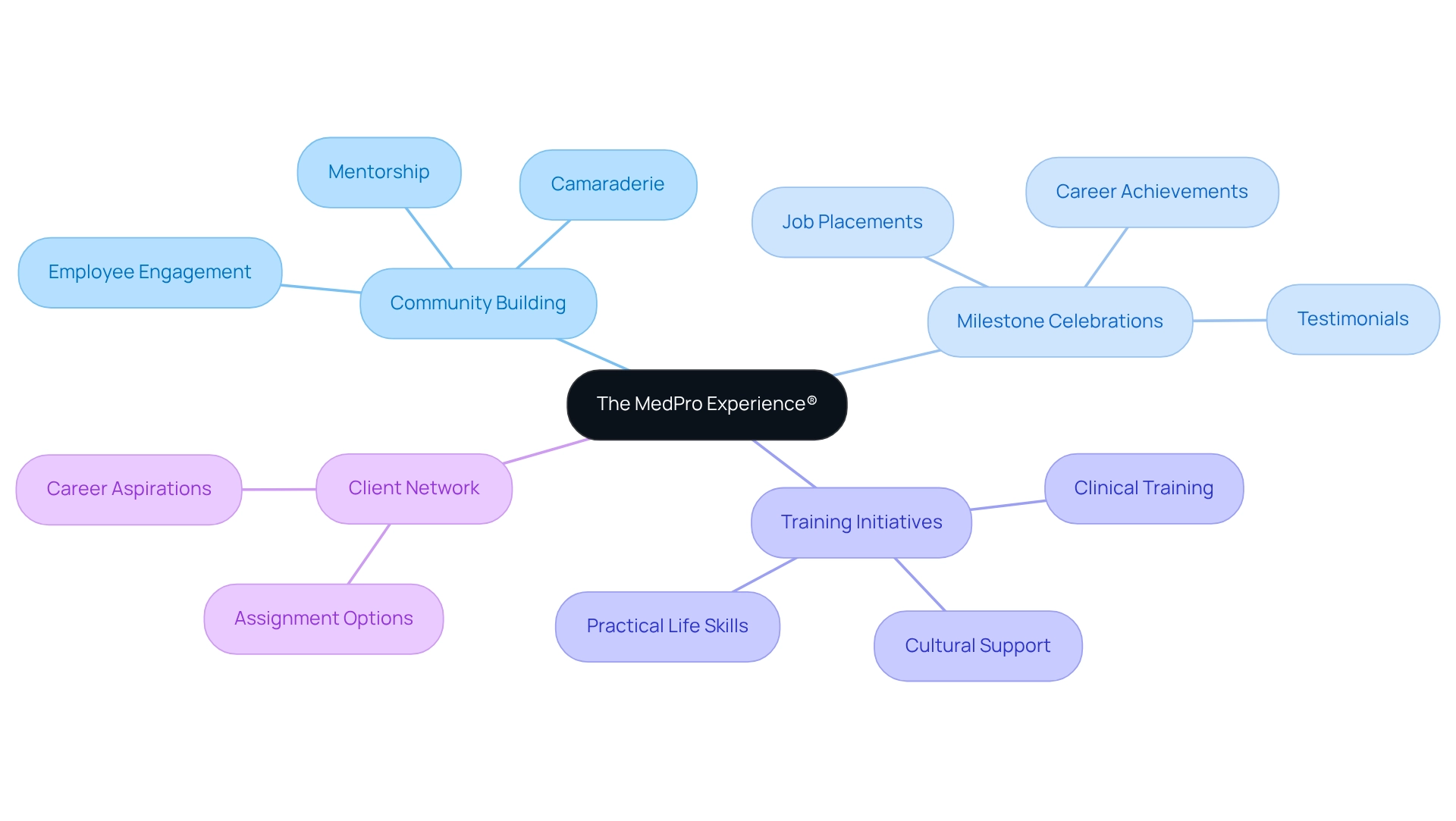 The central node shows the main program, while the branches highlight different aspects such as community efforts, career support, and training. Follow the branches to see how each part contributes to a nurturing environment for healthcare workers.