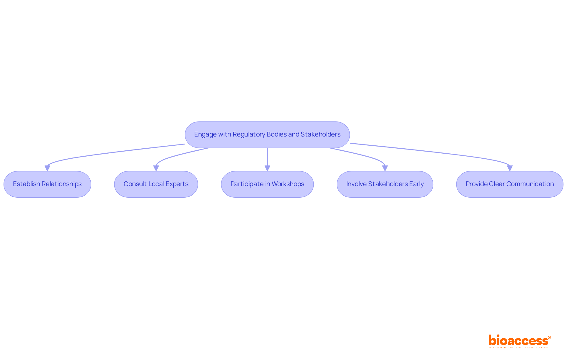 Each box represents a strategy to engage with regulatory bodies and stakeholders. Follow the arrows to see how these strategies connect and contribute to achieving fast clinical trial approval.