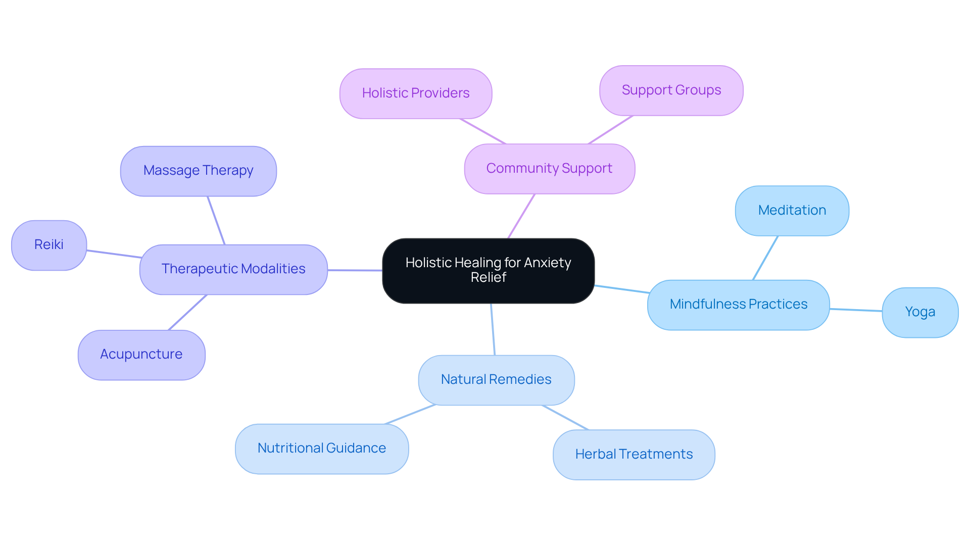 The center represents holistic healing, while the branches show different methods that can help relieve anxiety. Each branch highlights a unique approach, making it easy to see how they all connect to the main idea.