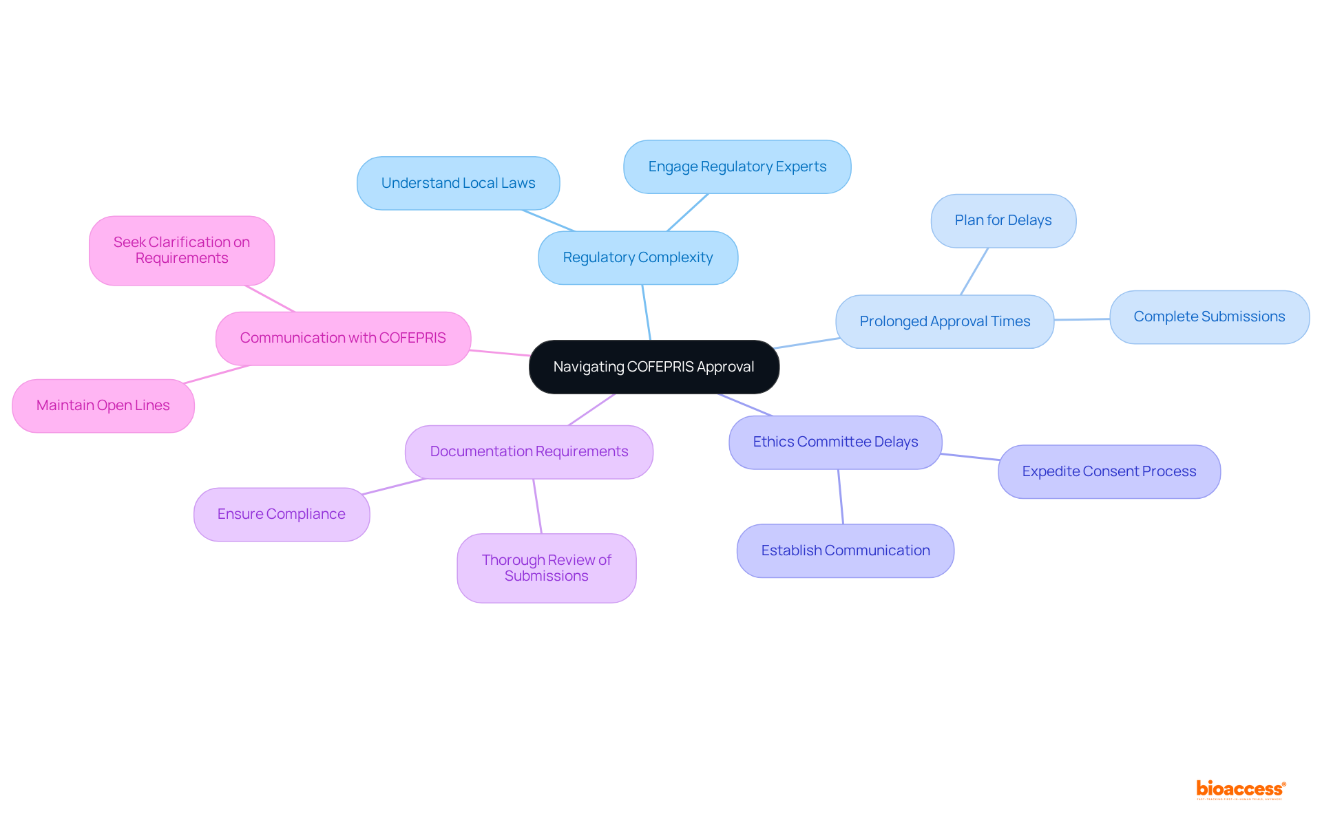The central node represents the main topic, while each branch showcases a specific challenge faced during the approval process. Sub-branches can include important details or strategies associated with each challenge, allowing for a comprehensive understanding.