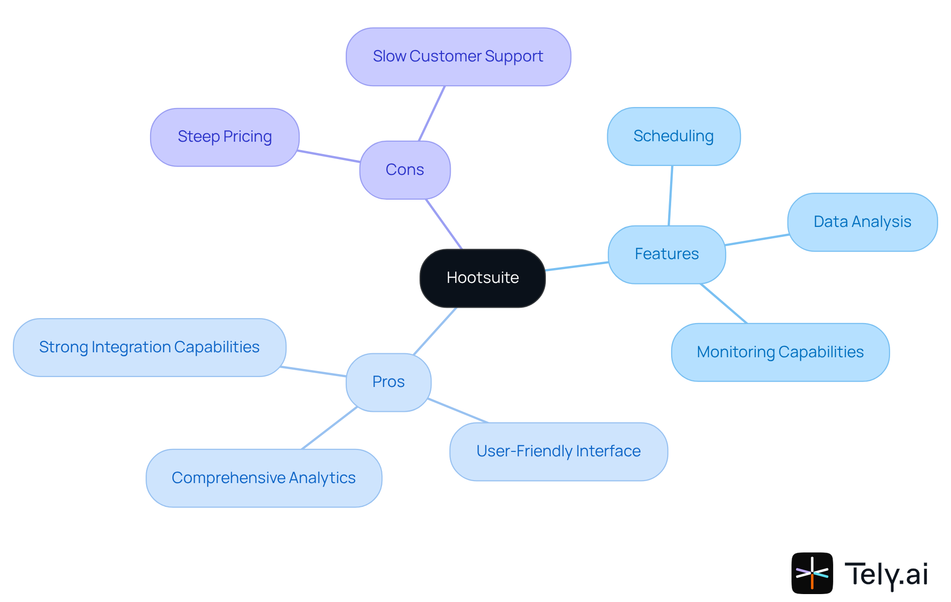 The central node represents Hootsuite, with branches showing its features, advantages, and disadvantages. Each branch helps you quickly understand what Hootsuite offers and where it may fall short.