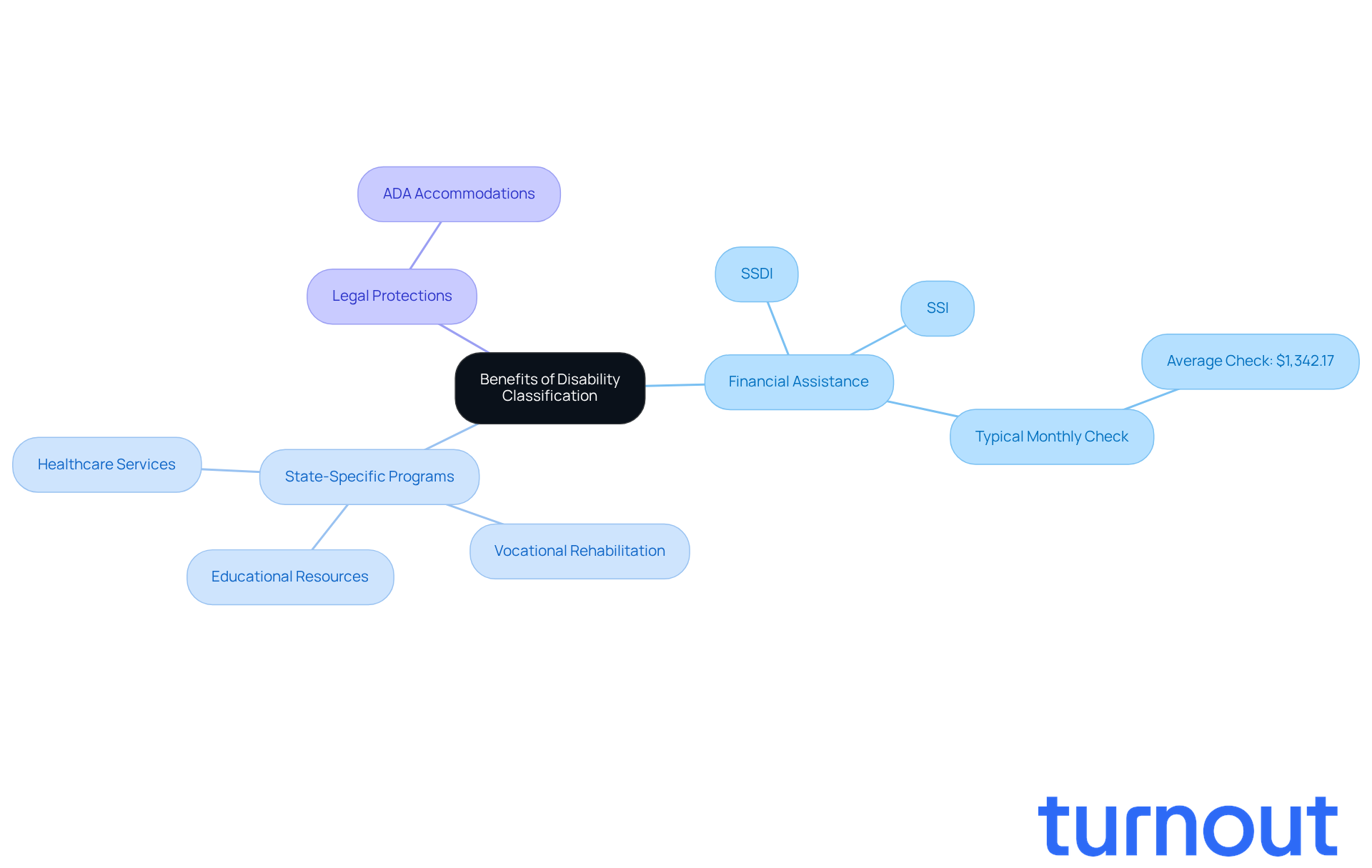 The central node represents the overall theme of disability classification. Each branch shows a different category of benefits, with sub-branches detailing specific programs and protections available to individuals with seizure disorders.