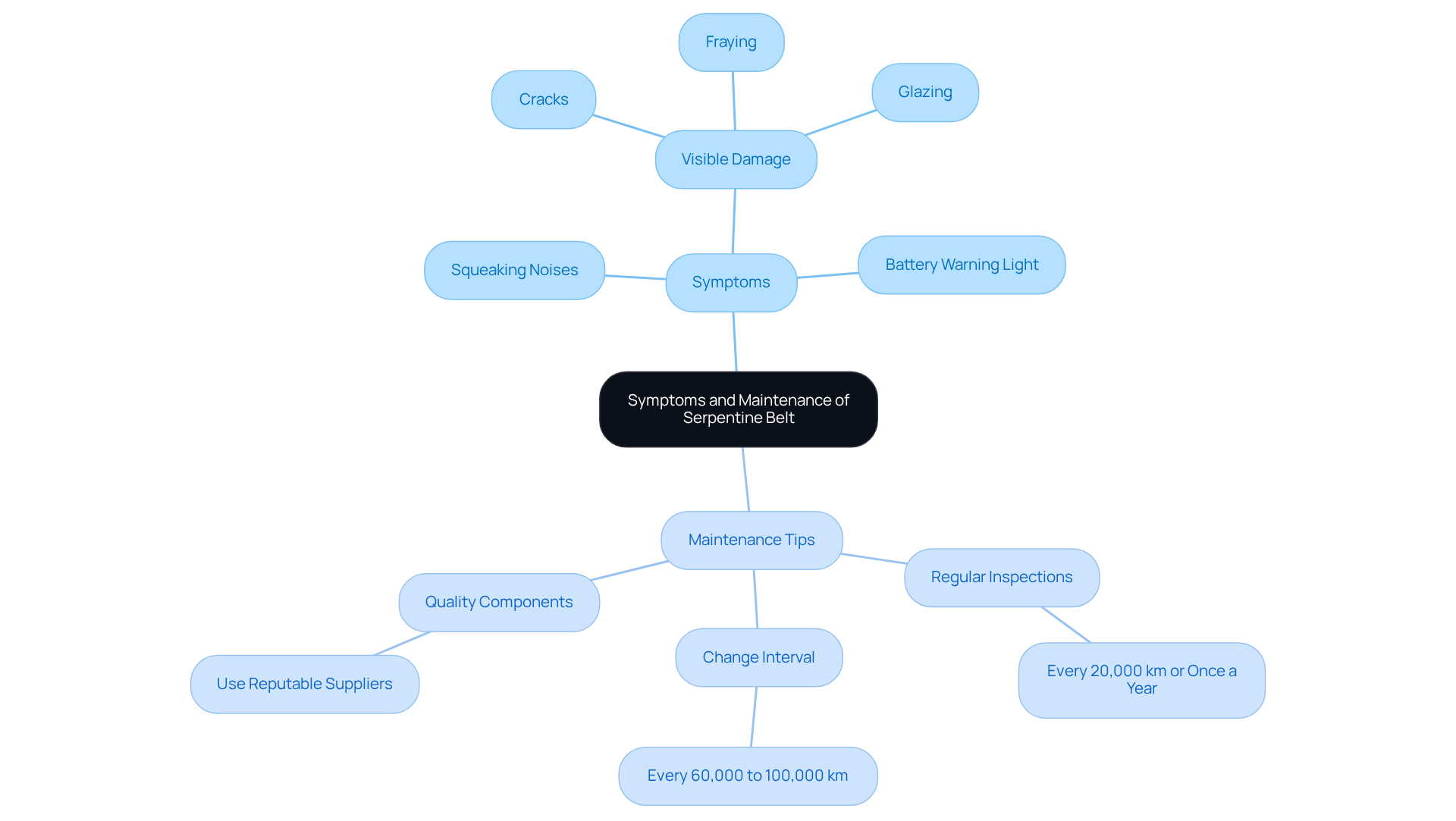 The center shows the main topic, with branches leading to symptoms and maintenance tips. Each symptom and tip is a sub-point that helps you understand what to look for and how to care for your serpentine belt. The center shows the main topic, with branches leading to symptoms and maintenance tips. Each symptom and tip is a sub-point that helps you understand what to look for and how to care for your serpentine belt.