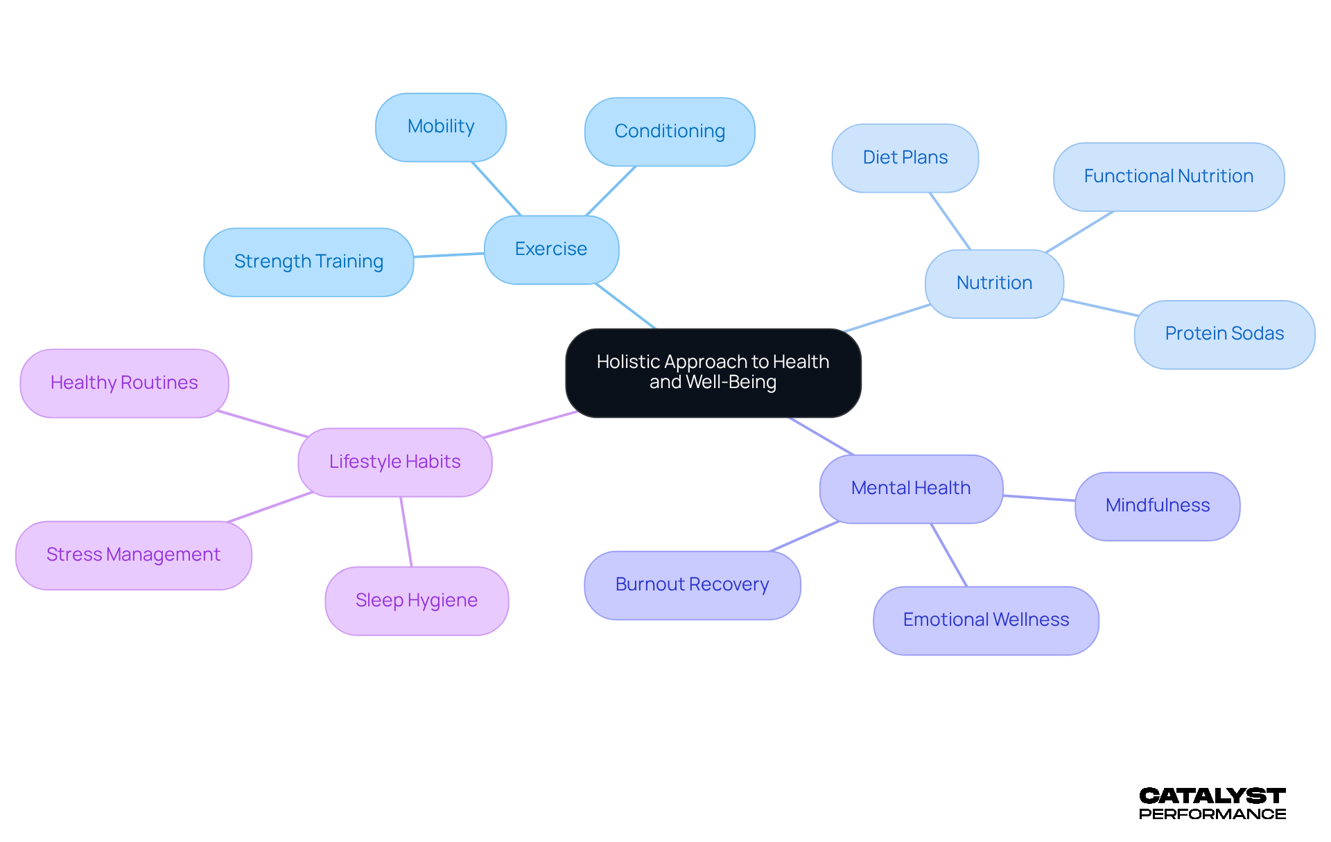 Start at the center with the holistic approach, then explore each branch to see how exercise, nutrition, mental health, and lifestyle habits contribute to overall well-being.